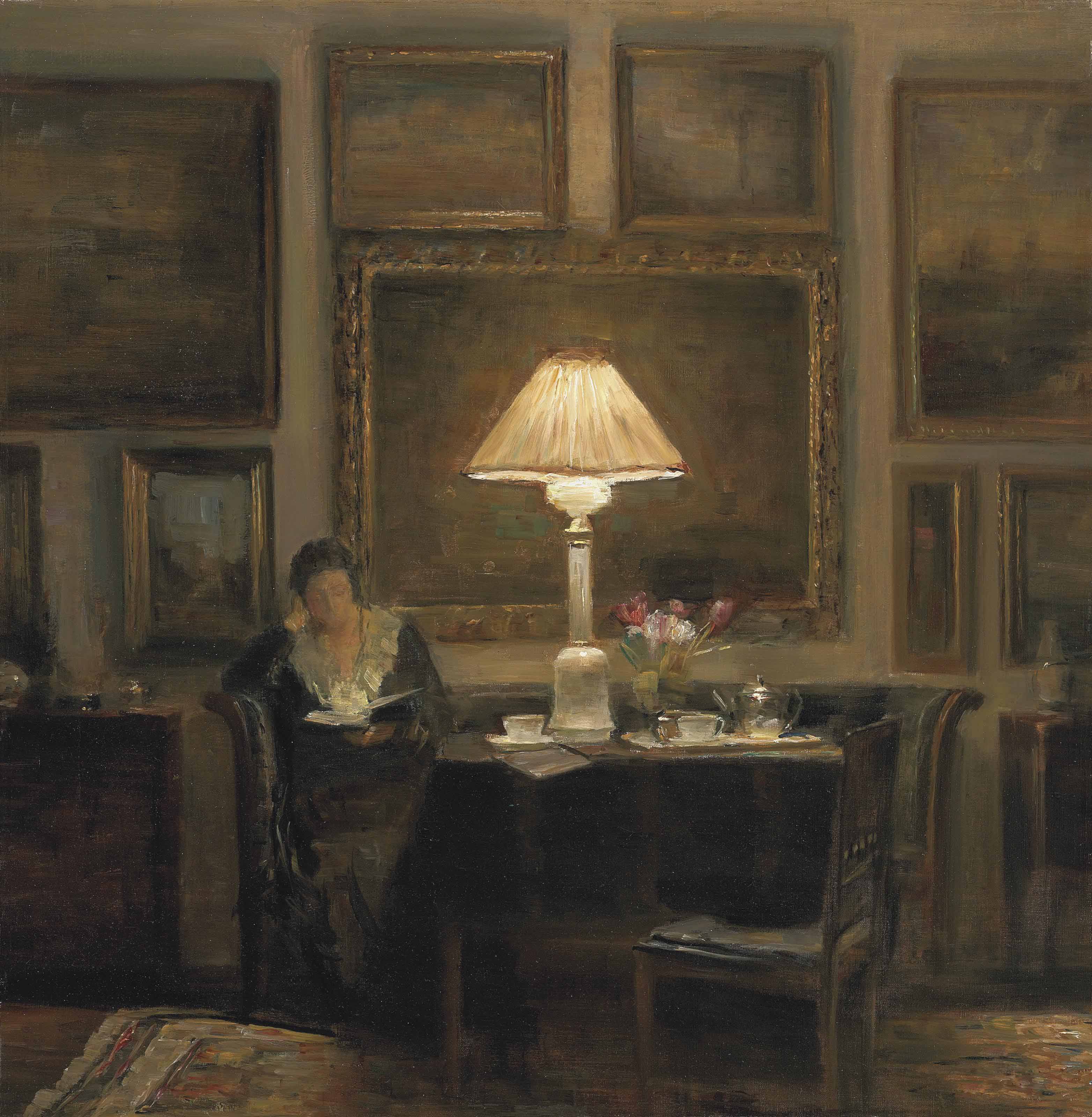 Carl-Vilhelm Holsoe (Danish, 1863-1935) , A lady reading by lamplight ...