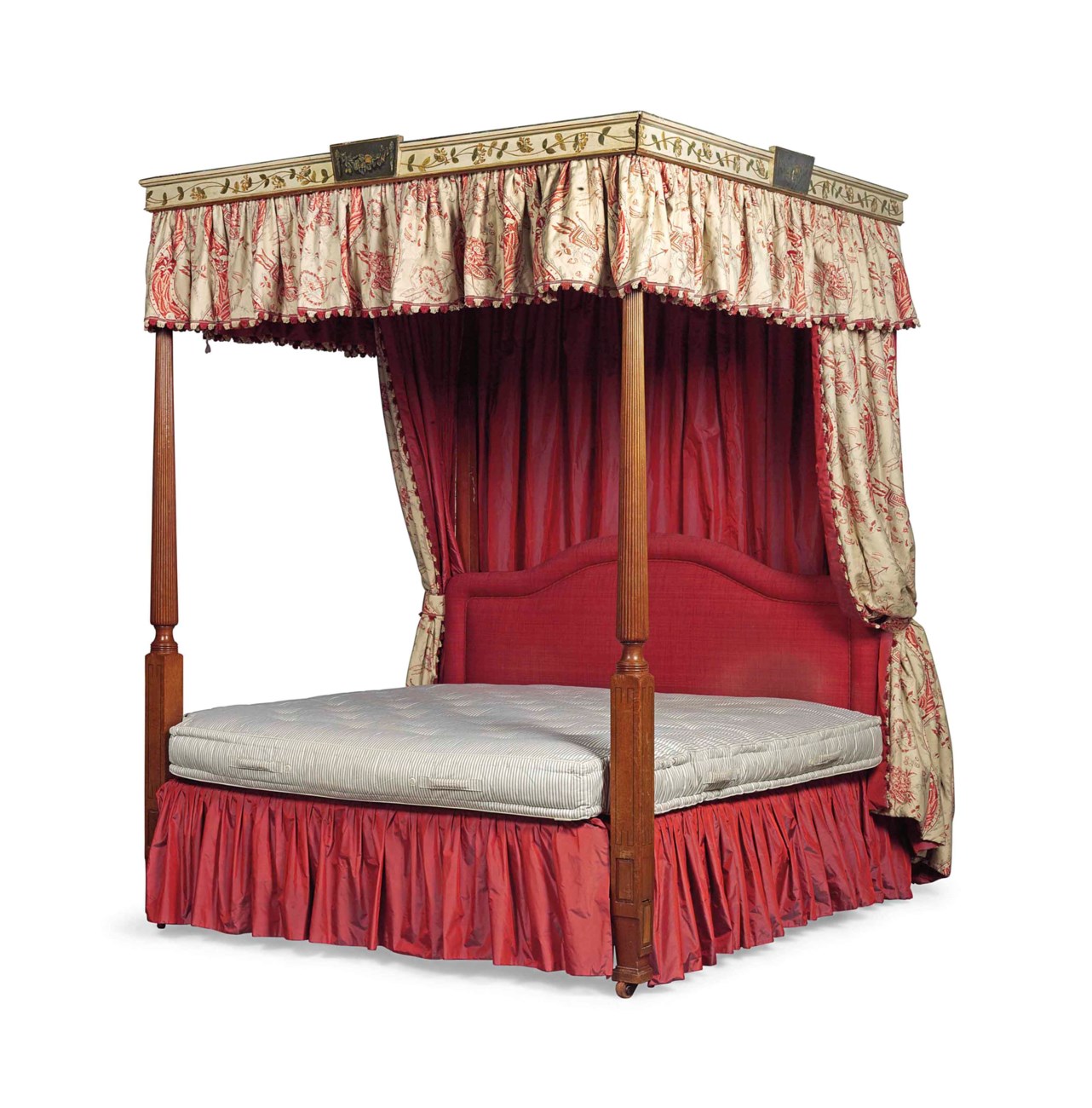 A MAHOGANY AND POLYCHROME-DECORATED FOUR POST BED, THE POSTS EARLY 19TH ...