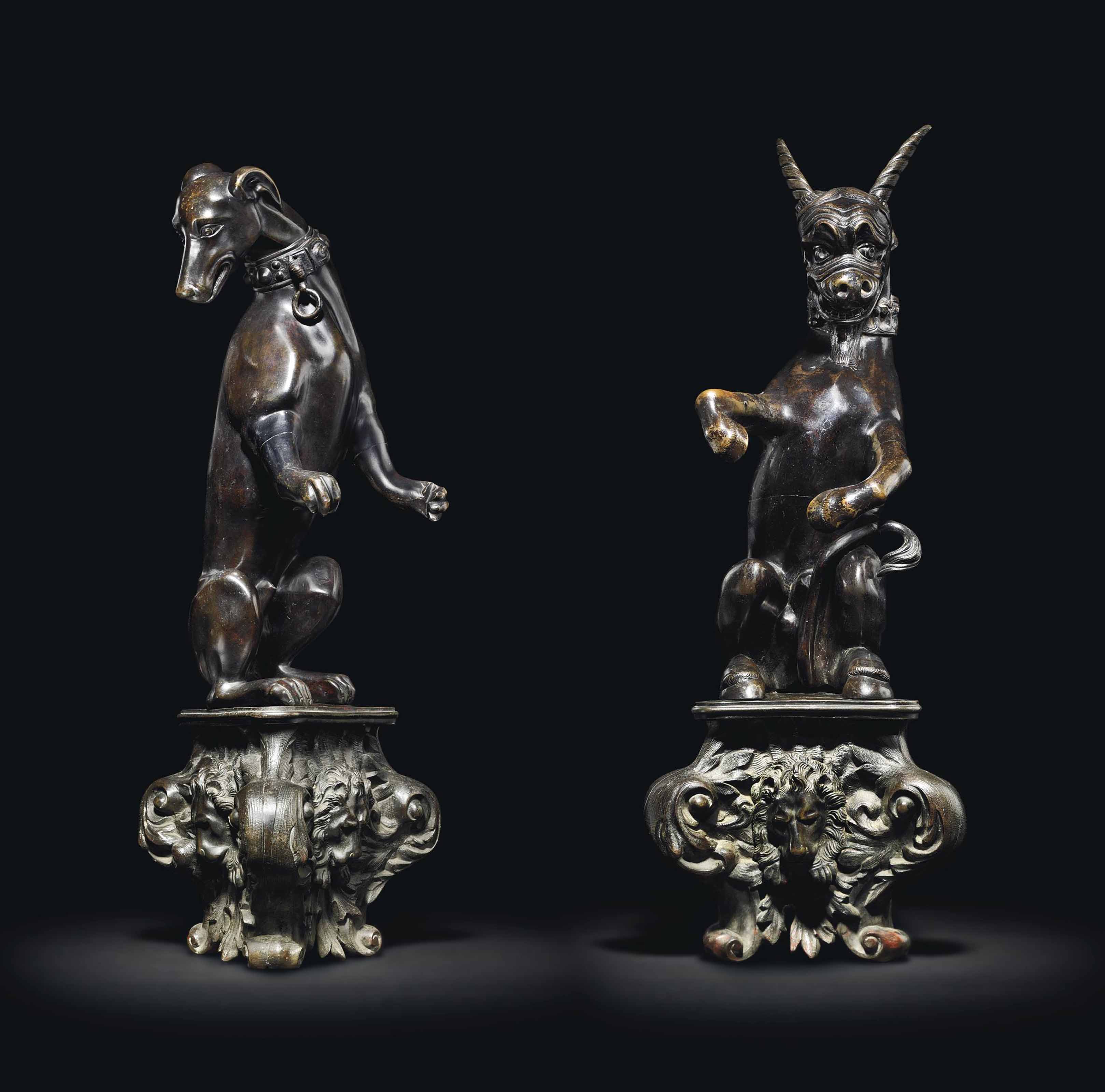 A PAIR OF BRONZE HERALDIC BEASTS , ENGLISH, 16TH CENTURY STYLE ...