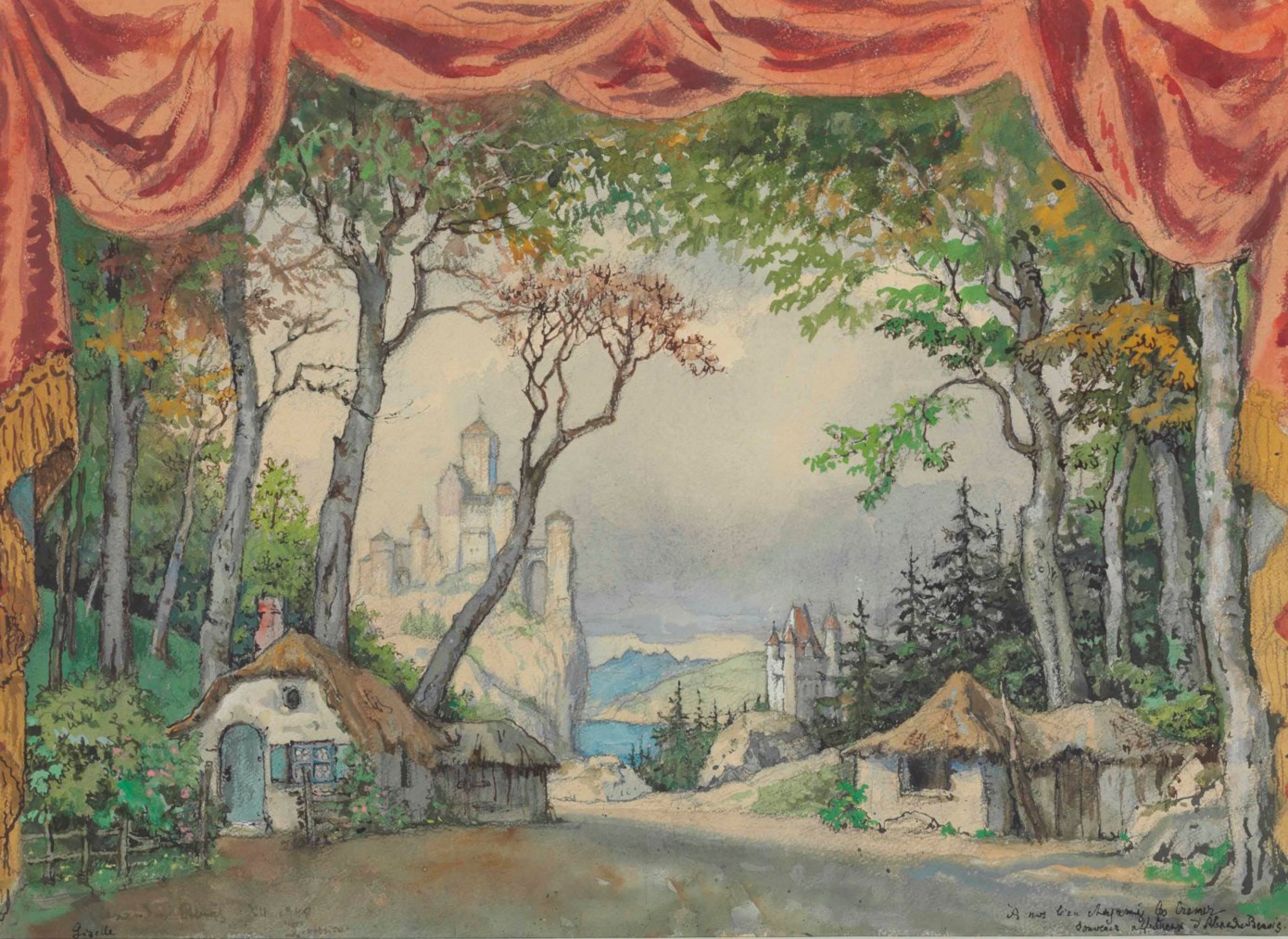 Alexandre Benois (1870-1960), Set design for Giselle: Act I, A rustic ...