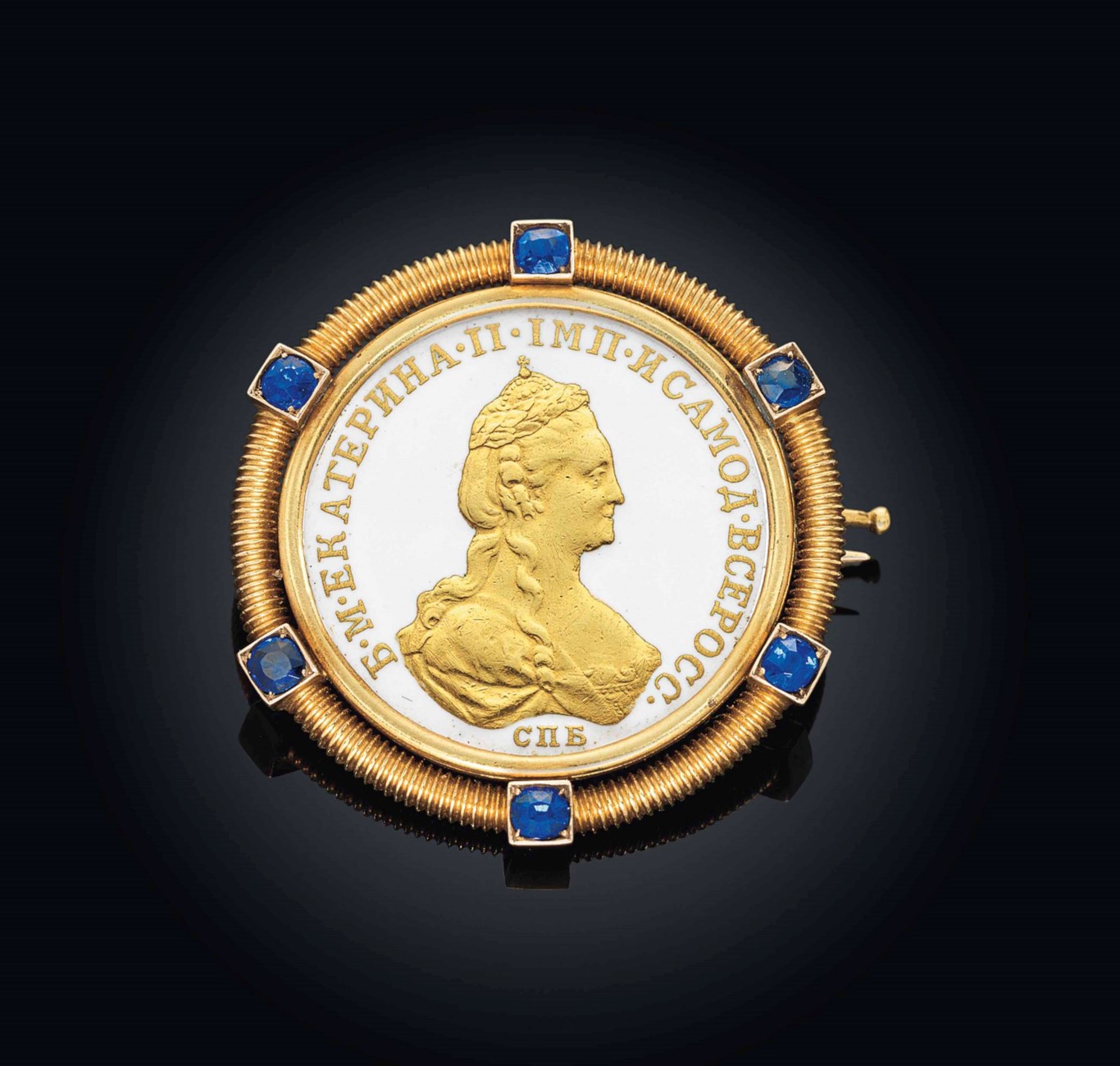 A JEWELLED GOLD-MOUNTED AND EN PLEIN ENAMEL COIN BROOCH, BY FABERGÉ ...