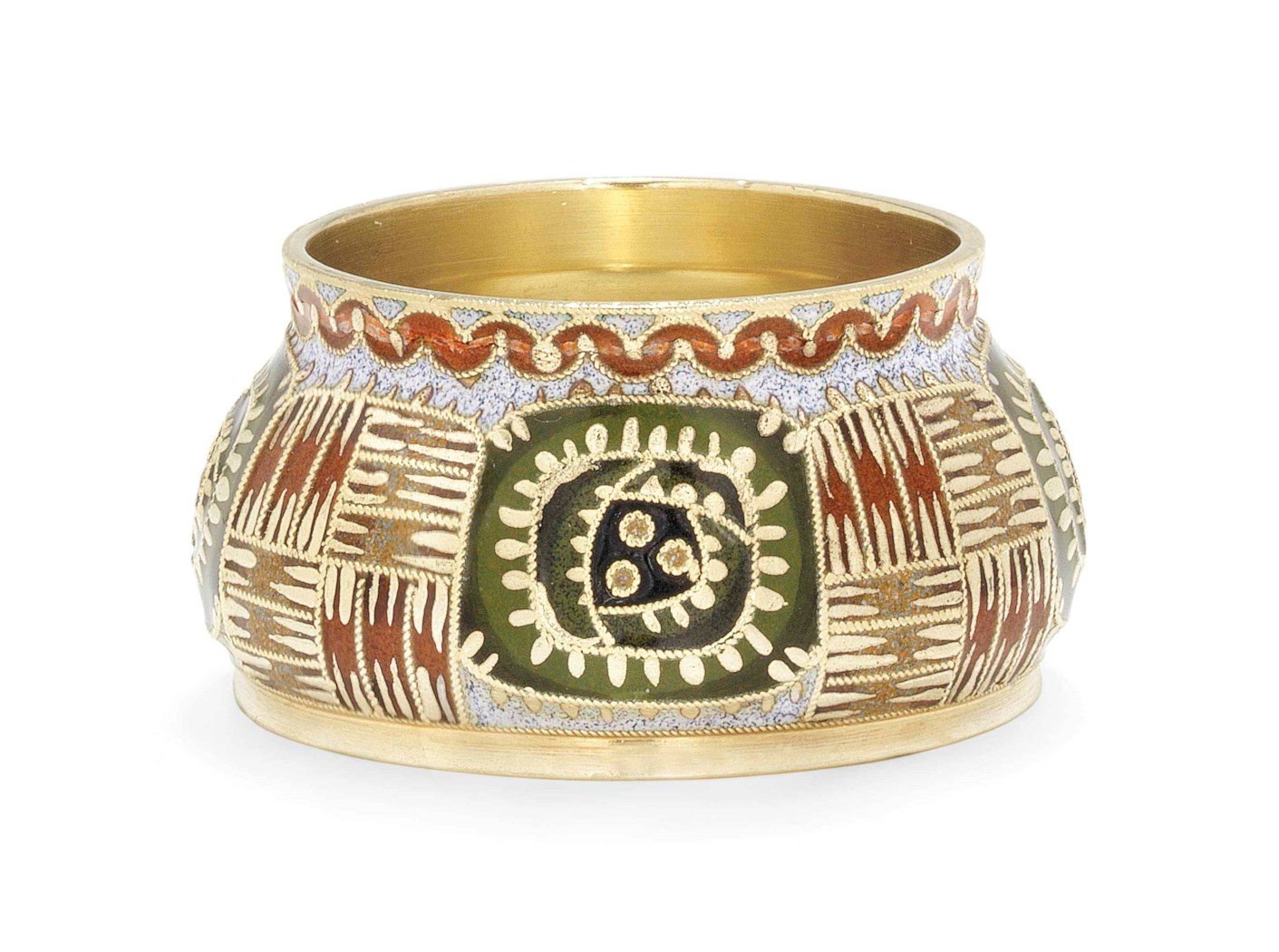 A SILVER-GILT AND CLOISONNÉ ENAMEL SALT CELLAR, MARKED K. FABERGÉ WITH ...