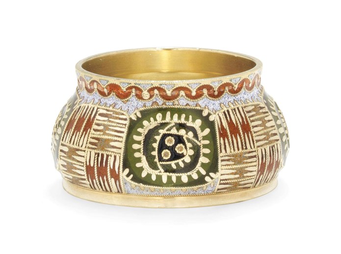 A SILVER-GILT AND CLOISONNÉ ENAMEL SALT CELLAR, MARKED K. FABERGÉ WITH ...