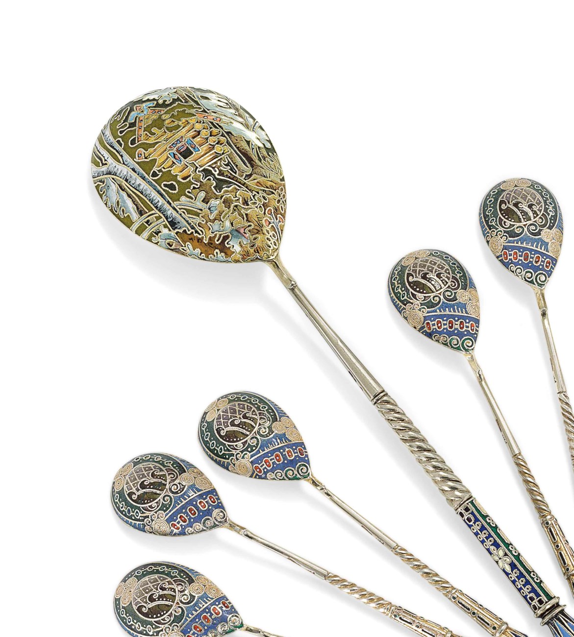A SILVER-GILT AND CLOISONNÉ ENAMEL SERVING SPOON AND A SET OF SIX ...
