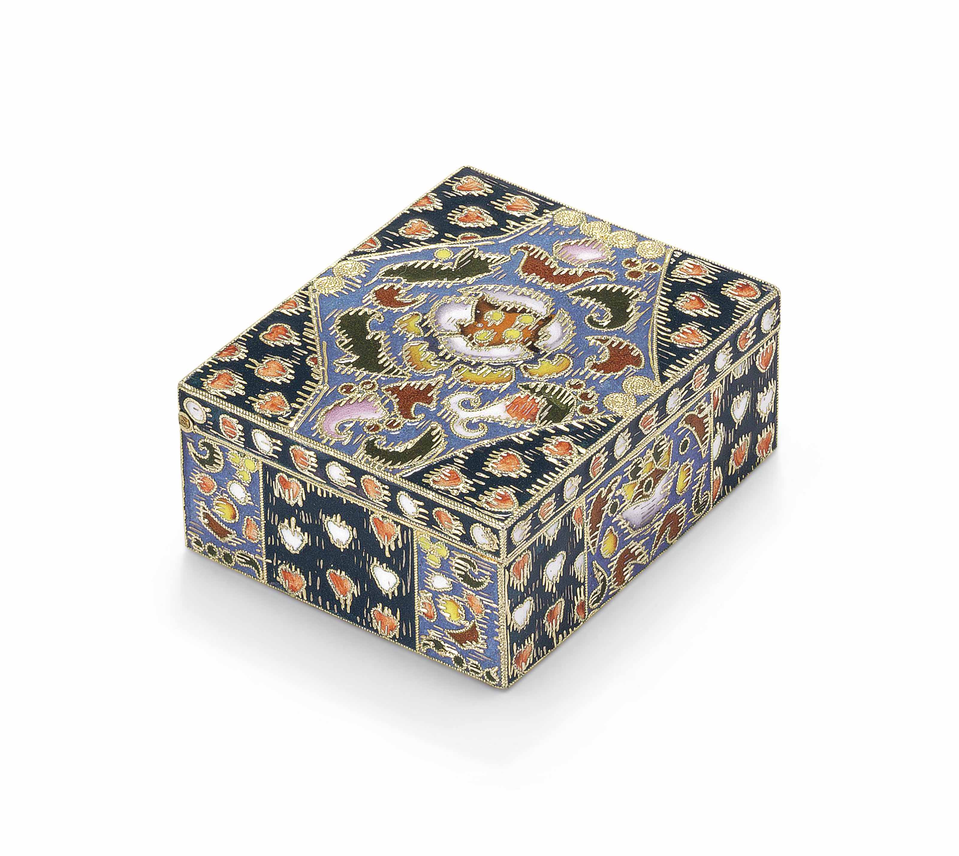 A SILVER-GILT AND CLOISONNÉ ENAMEL SALT CELLAR, MARKED K. FABERGÉ WITH ...