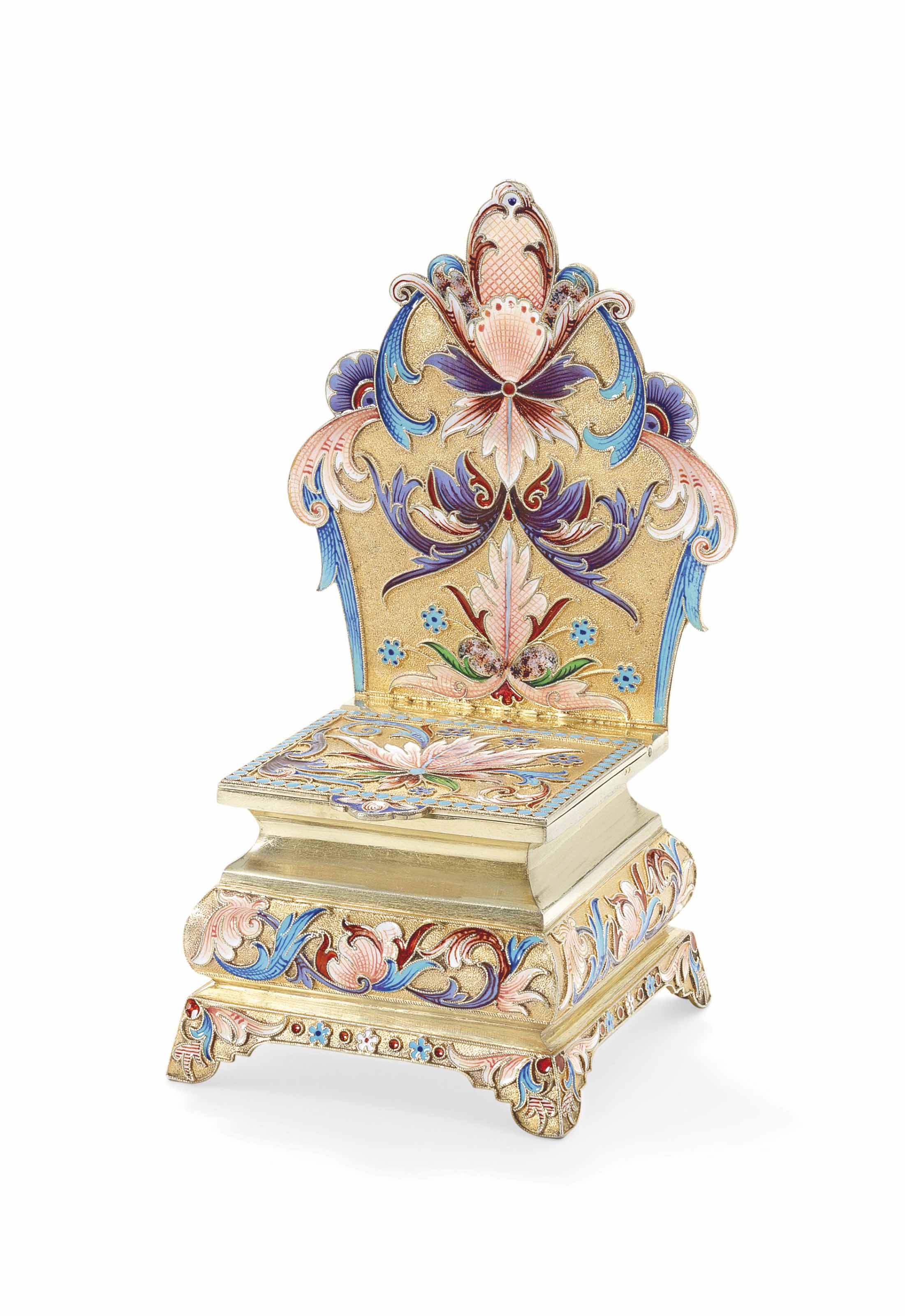 A SILVER-GILT AND CLOISONNÉ ENAMEL SALT CELLAR, MARKED K. FABERGÉ WITH ...