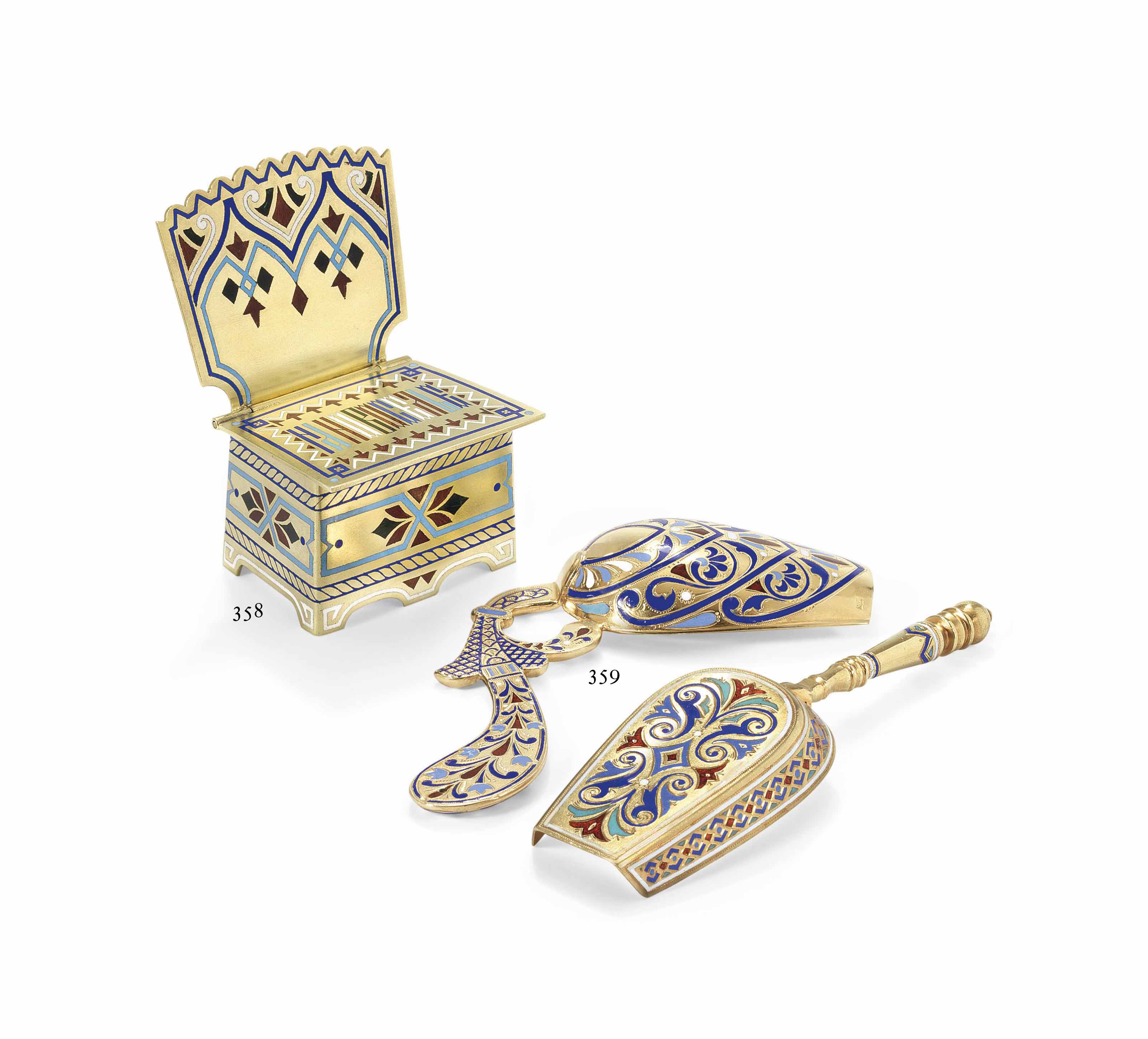 A SILVER-GILT AND CLOISONNÉ ENAMEL SALT CELLAR, MARKED K. FABERGÉ WITH ...