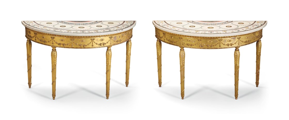 A PAIR OF GEORGE III GILTWOOD AND GILT-COMPOSITION SIDE TABLES WITH ...