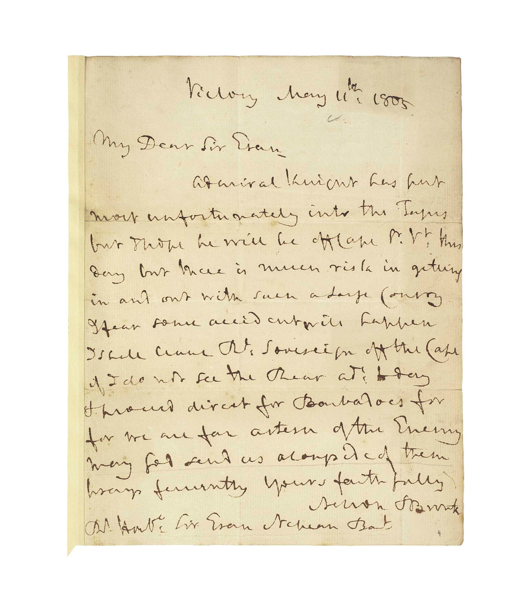 NELSON, Horatio, Viscount (1758-1805). Autograph letter signed ('Nelson ...