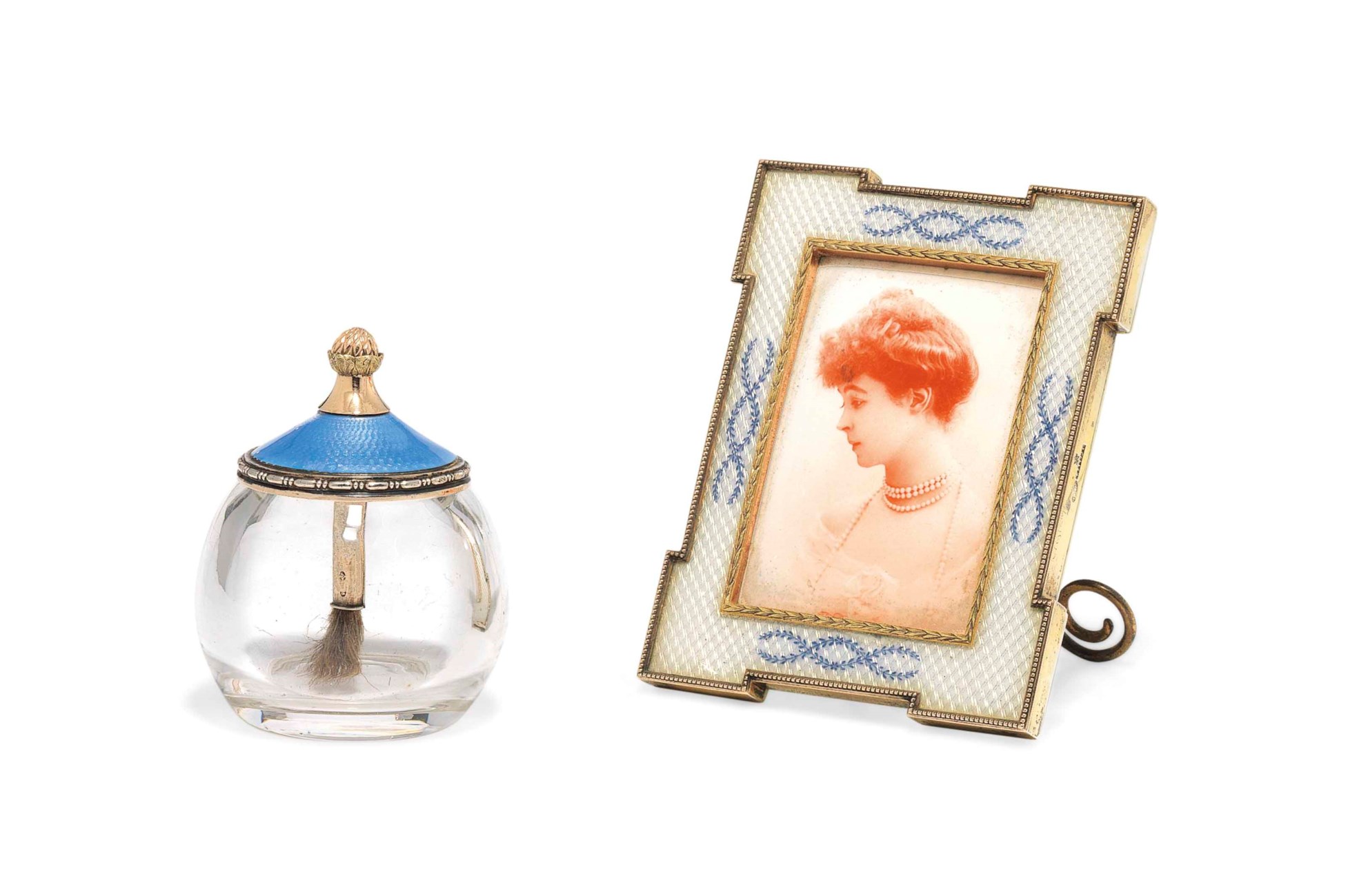 A SILVER-GILT MOUNTED GLASS AND GUILLOCHÉ ENAMEL GUM-POT AND A SILVER ...