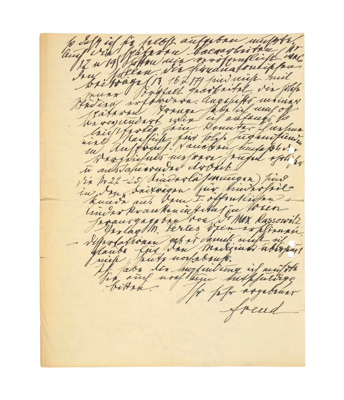 FREUD, Sigmund (1856-1939). Autograph letter signed (‘Freud’) to Dr ...