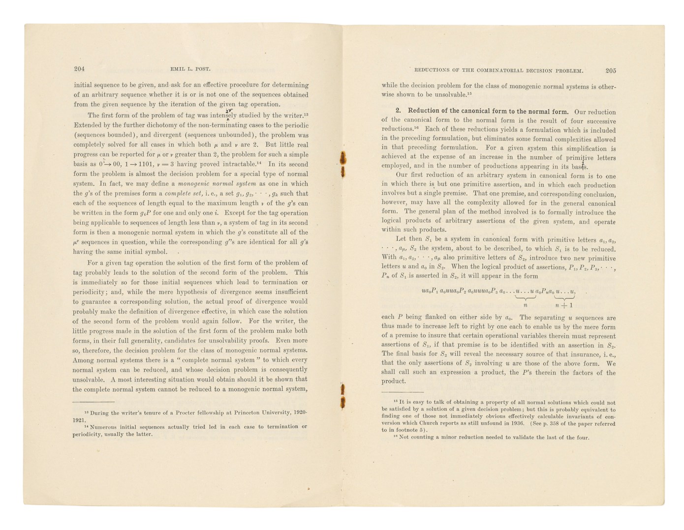 POST, Emil Leon (1897-1954). 'Formal Reductions of the General Combinatorial Decision Problem ...