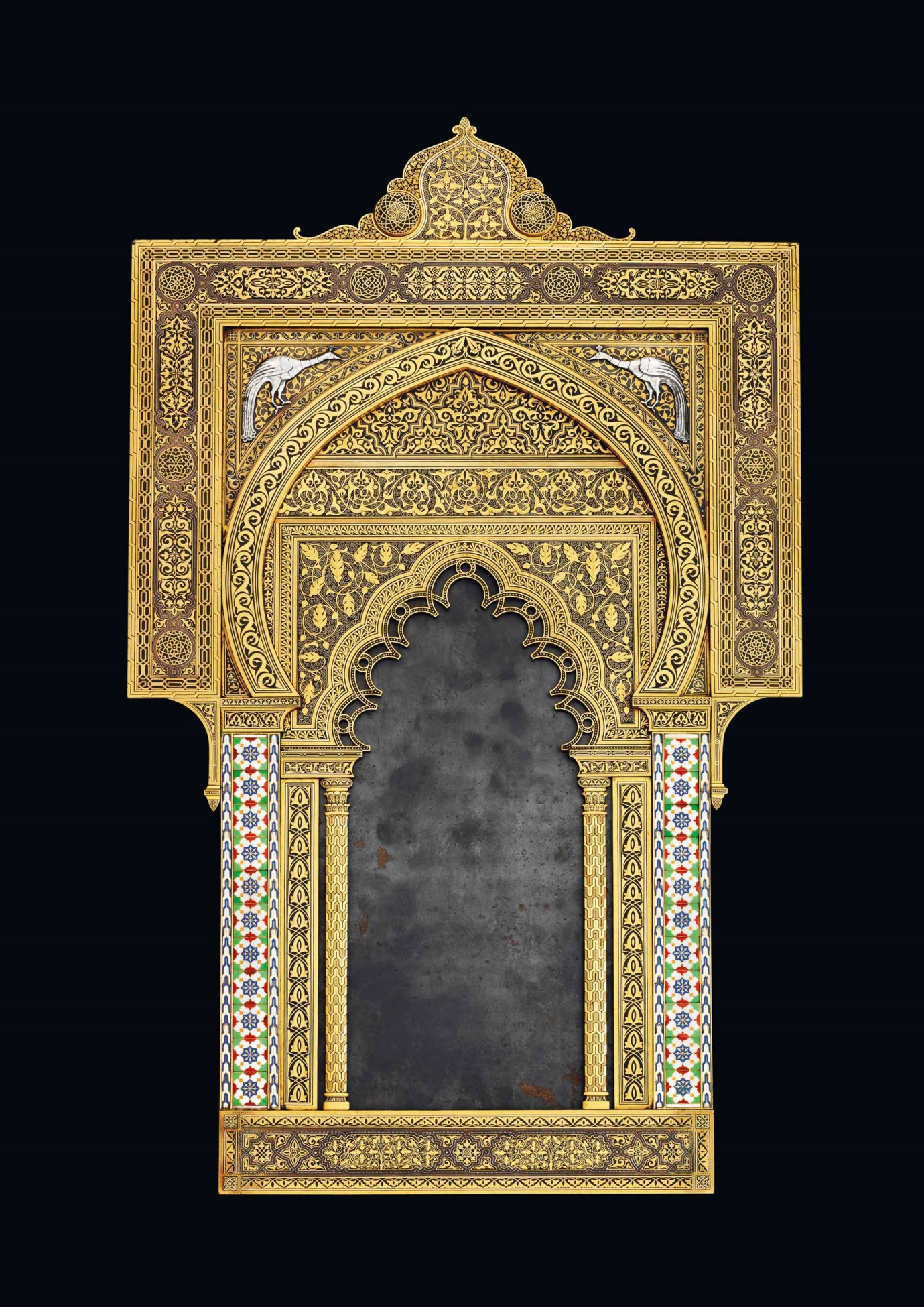 A SPANISH GOLD-DAMASCENED AND ENAMEL METAL FRAME, PROBABLY TOLEDO, LATE ...