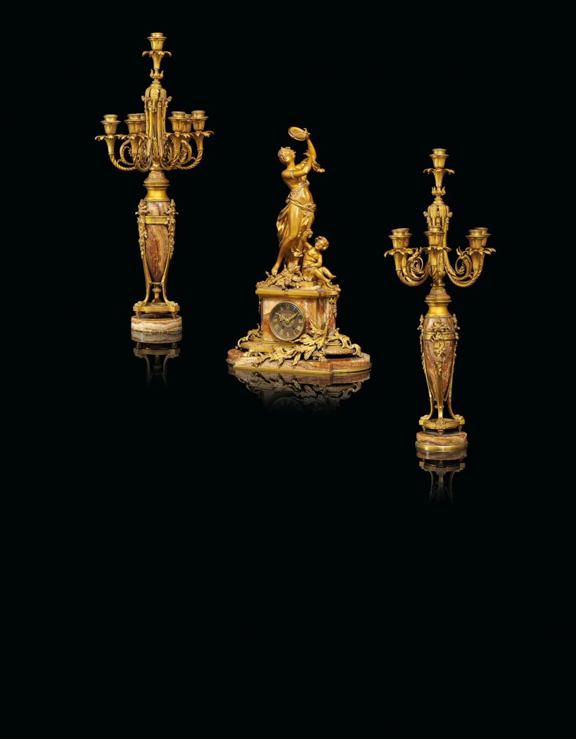 A FRENCH ORMOLU AND ALABASTER FIORITO THREE-PIECE CLOCK GARNITURE, LATE ...