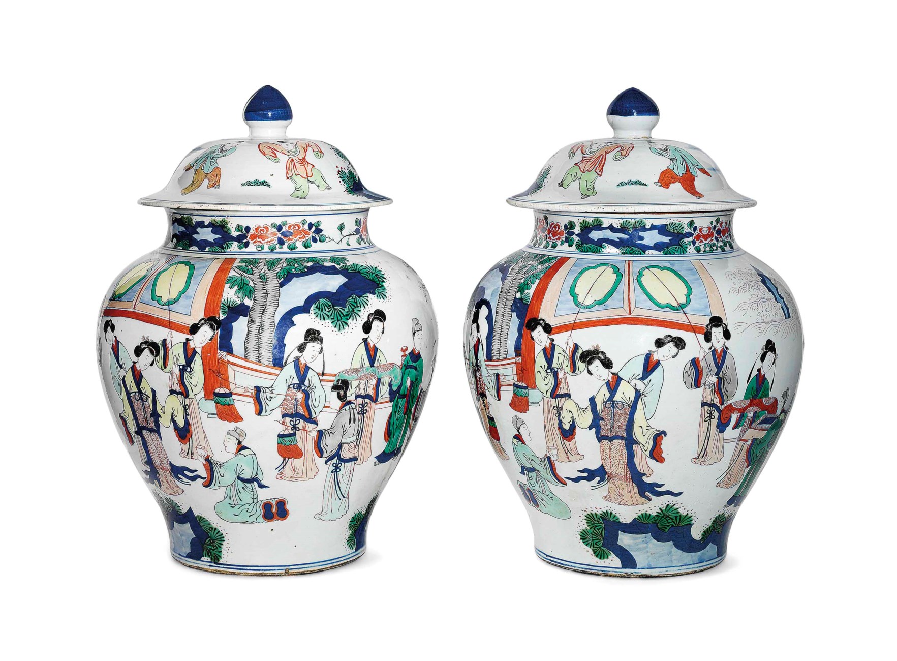 A PAIR OF LARGE CHINESE WUCAI JARS AND COVERS, 19TH CENTURY | Christie's