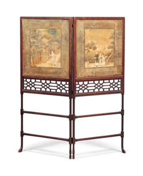 A GEORGE II MAHOGANY TWO-FOLD FIRESCREEN