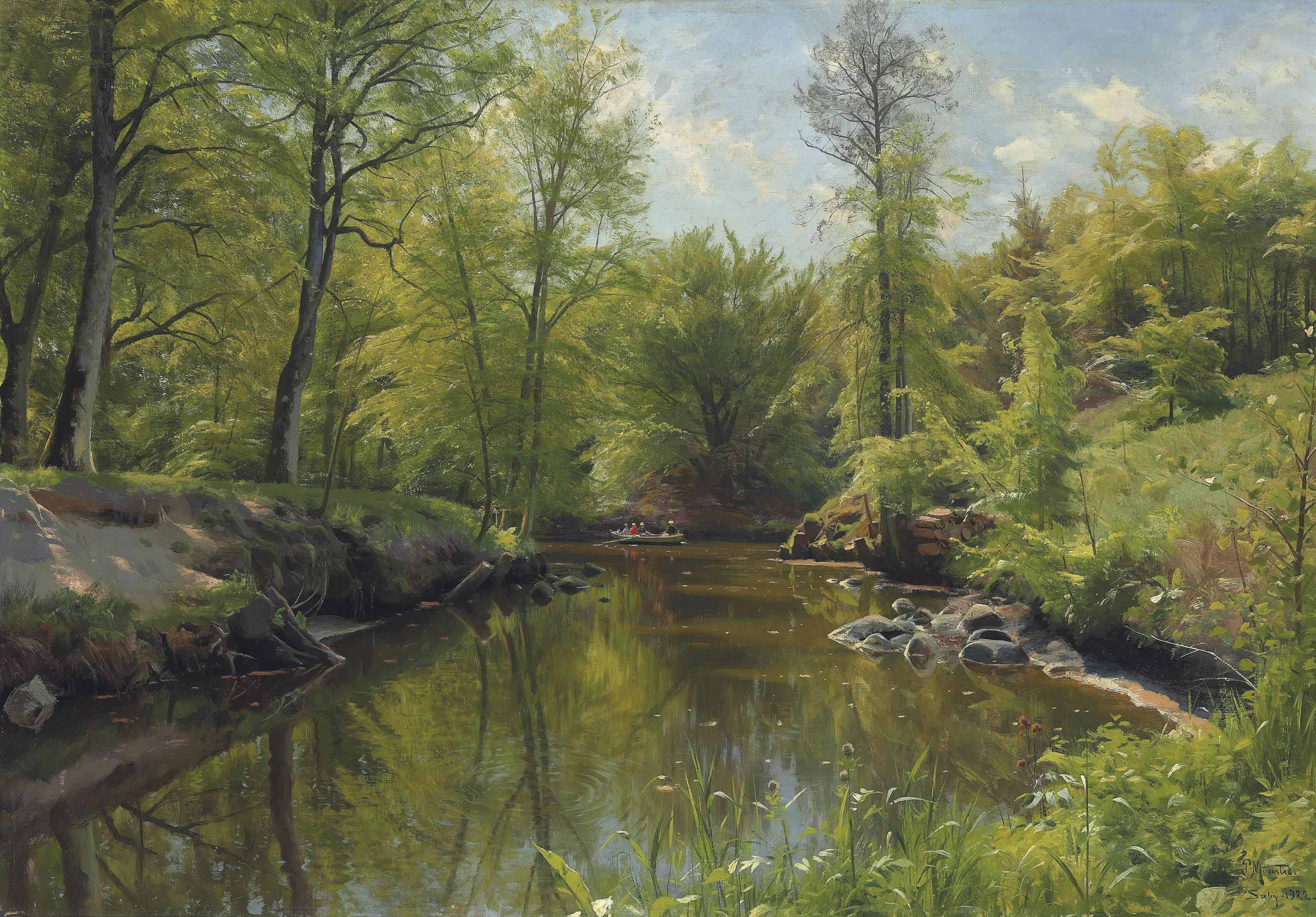Peder Mork Mönsted (Danish, 1859-1941) , Rowing on a river in Summer ...