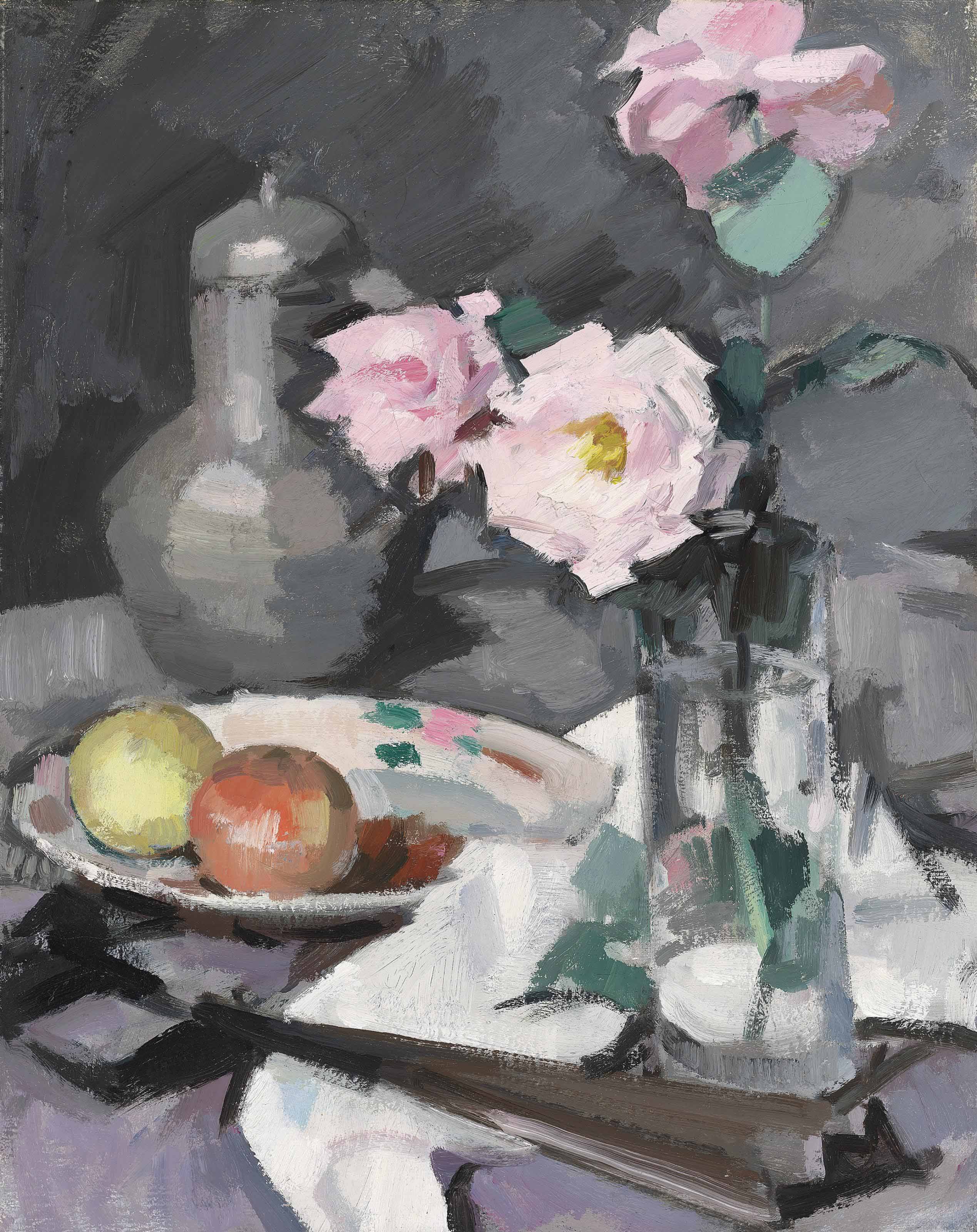 Samuel John Peploe, R.S.A. (1871-1935) , Still life with roses, apples ...