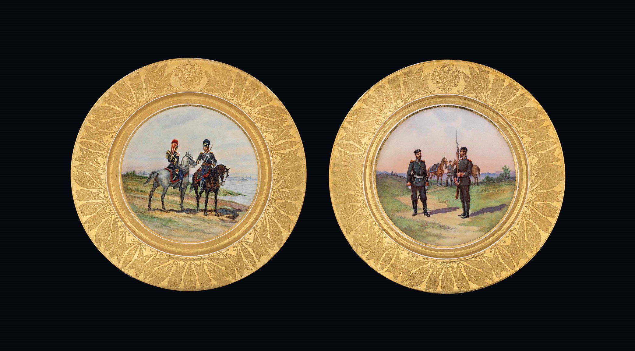 TWO PORCELAIN MILITARY PLATES, ONE BY THE IMPERIAL PORCELAIN FACTORY ...