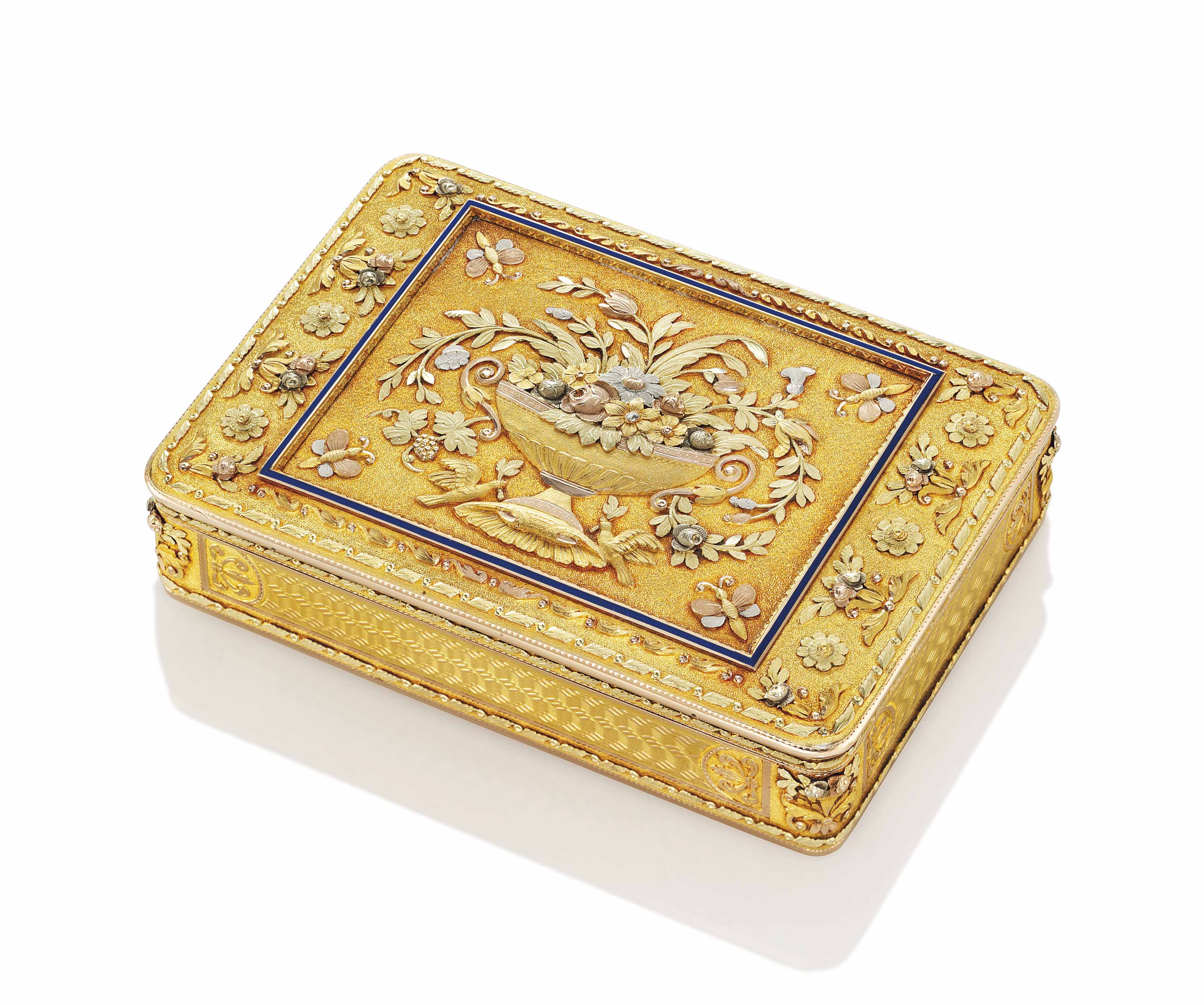 A GERMAN ENAMELLED VARI-COLOUR GOLD SNUFF-BOX