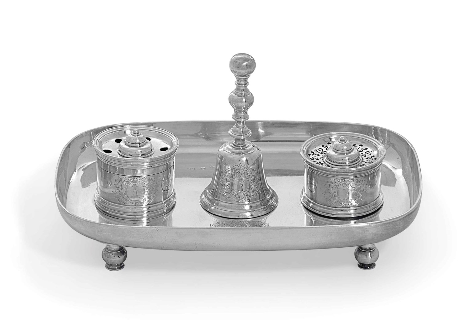 A QUEEN ANNE SILVER INKSTAND, MARK OF ANTHONY NELME, LONDON, 1703 ...