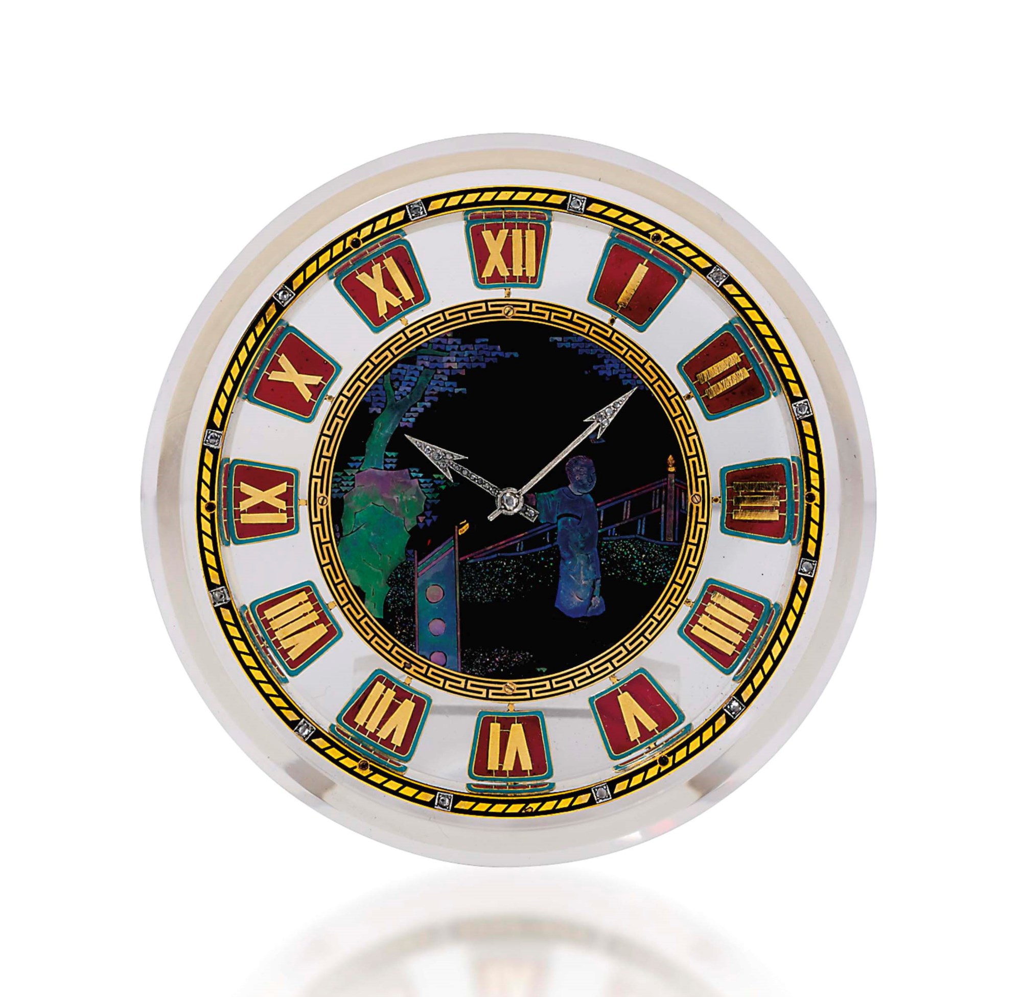 AN ART DECO ROCK CRYSTAL, ENAMEL, MOTHER-OF-PEARL AND DIAMOND DESK ...