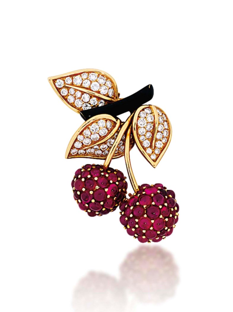A RUBY, ENAMEL AND DIAMOND CHERRY BROOCH, BY VAN CLEEF & ARPELS ...