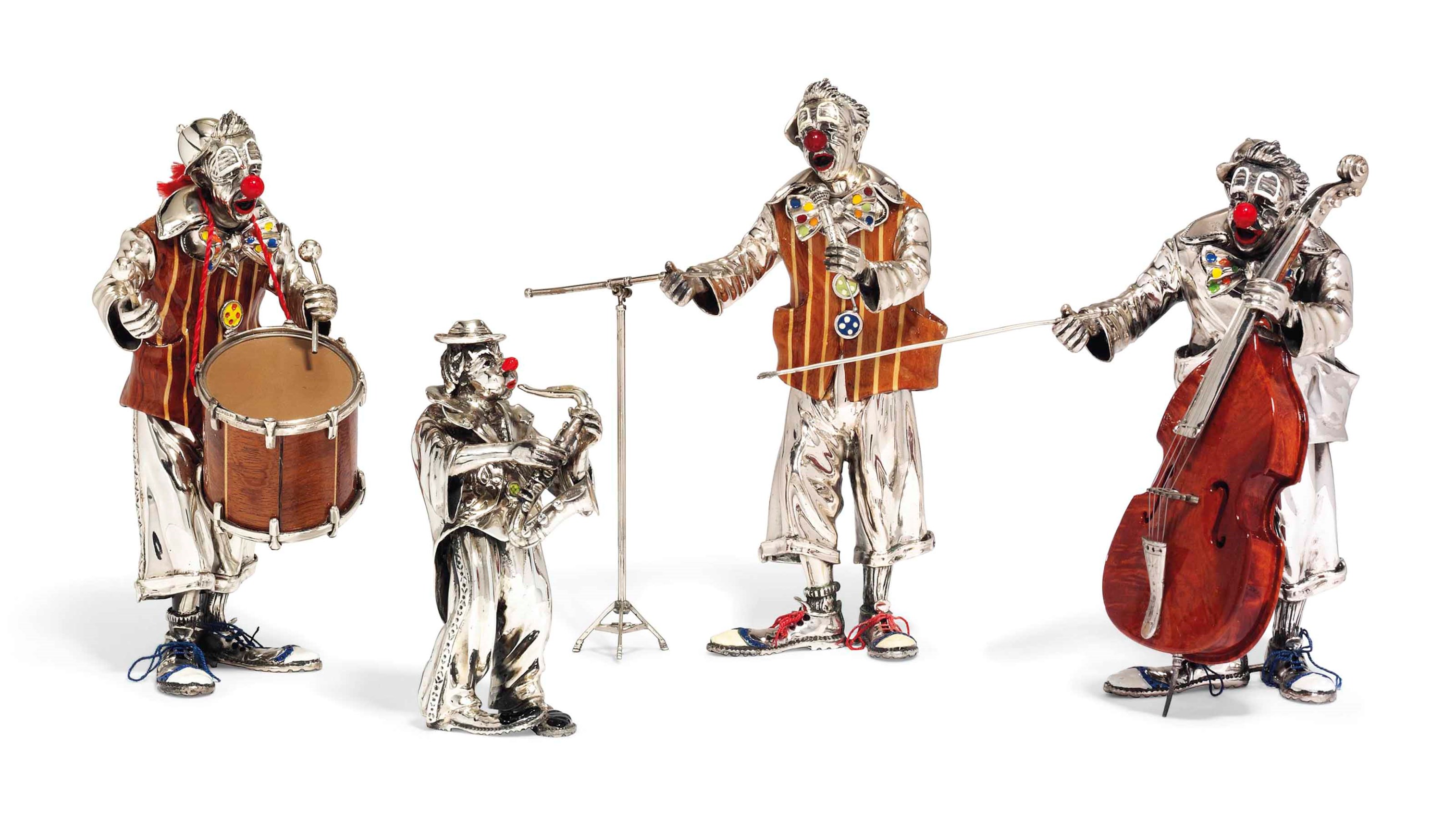 FOUR ITALIAN MODELS OF CLOWN MUSICIANS, ONE MAKER'S MARK AR1873, THREE ...