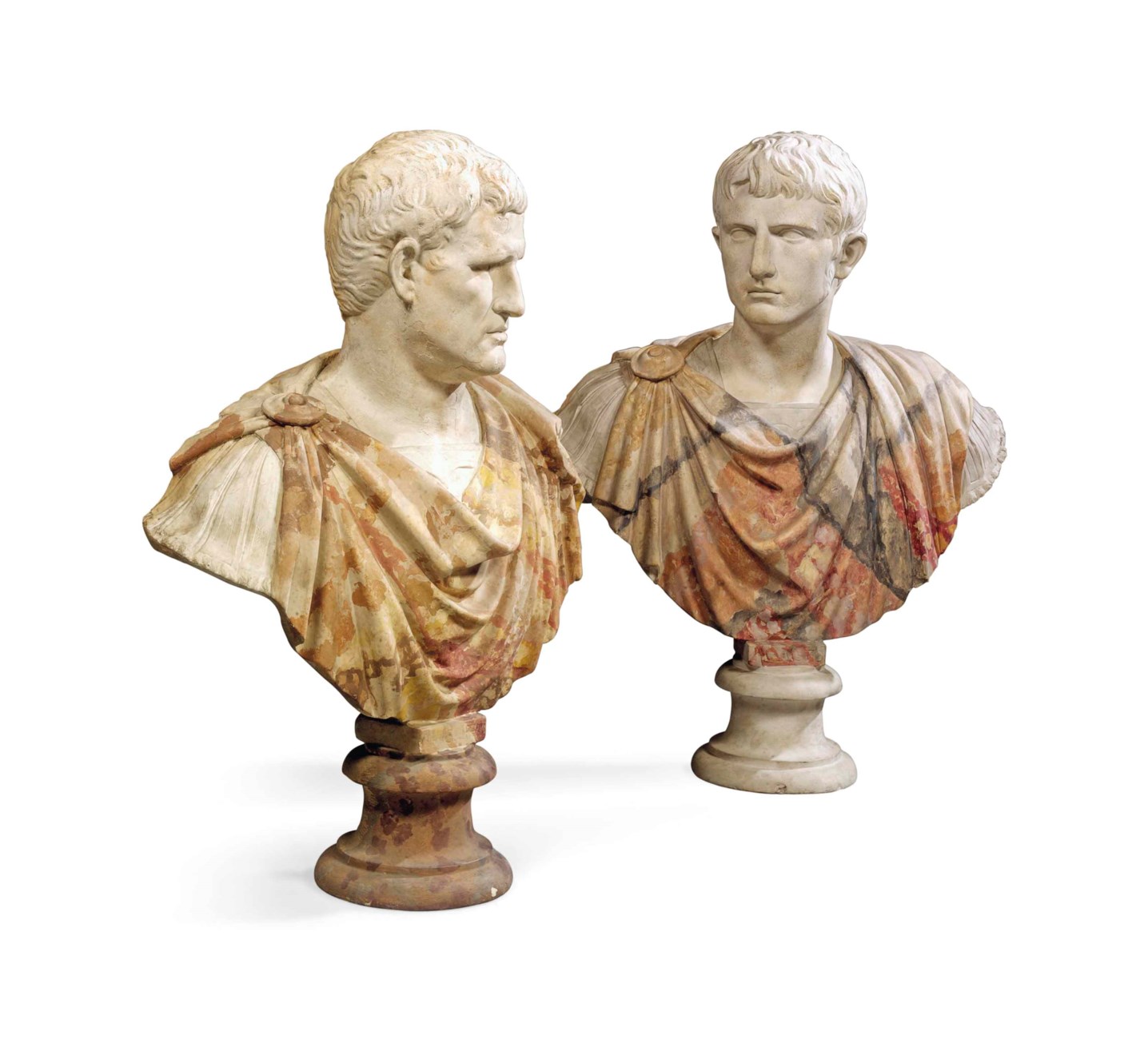 A PAIR OF POLYCHROME PAINTED PLASTER BUSTS OF THE EMPERORS AUGUSTUS AND ...