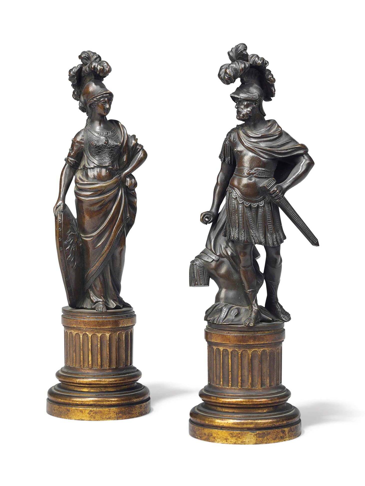 A PAIR OF FRENCH PATINATED-BRONZE FIGURES OF MARS AND MINERVA, LATE ...