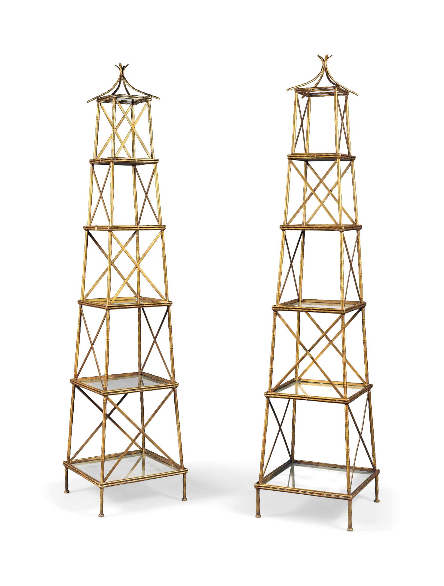 A PAIR OF GILT-METAL OBELISK-FORM SIMULATED-BAMBOO ETAGERES