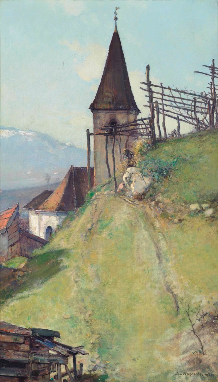 Jan Bogaerts (Dutch, 1878-1962), Picking berries by a mountain church ...