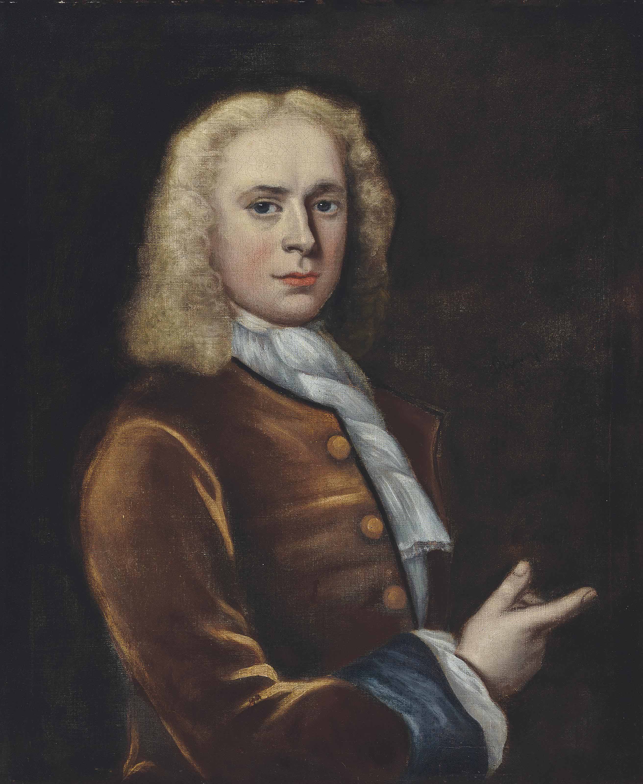English school circa 1740 , Portrait of a gentleman, half-length, in a ...