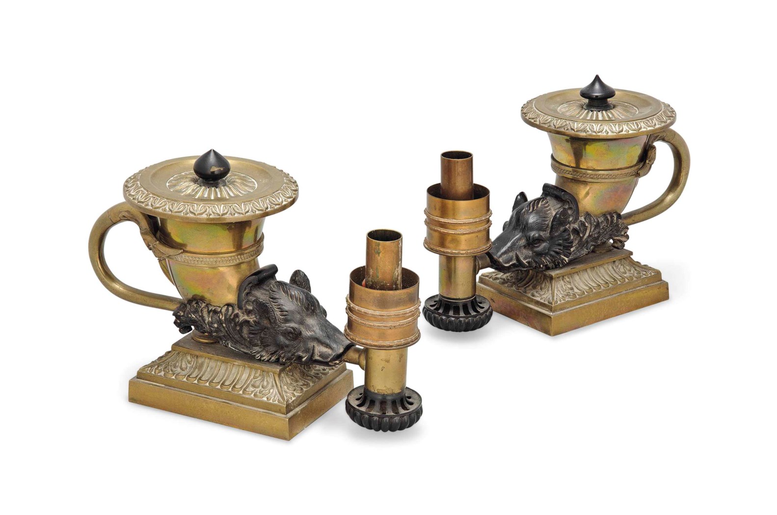 A PAIR OF BRONZE BOAR'S HEAD COLZA LAMPS, IN THE MANNER OF THOMAS ...