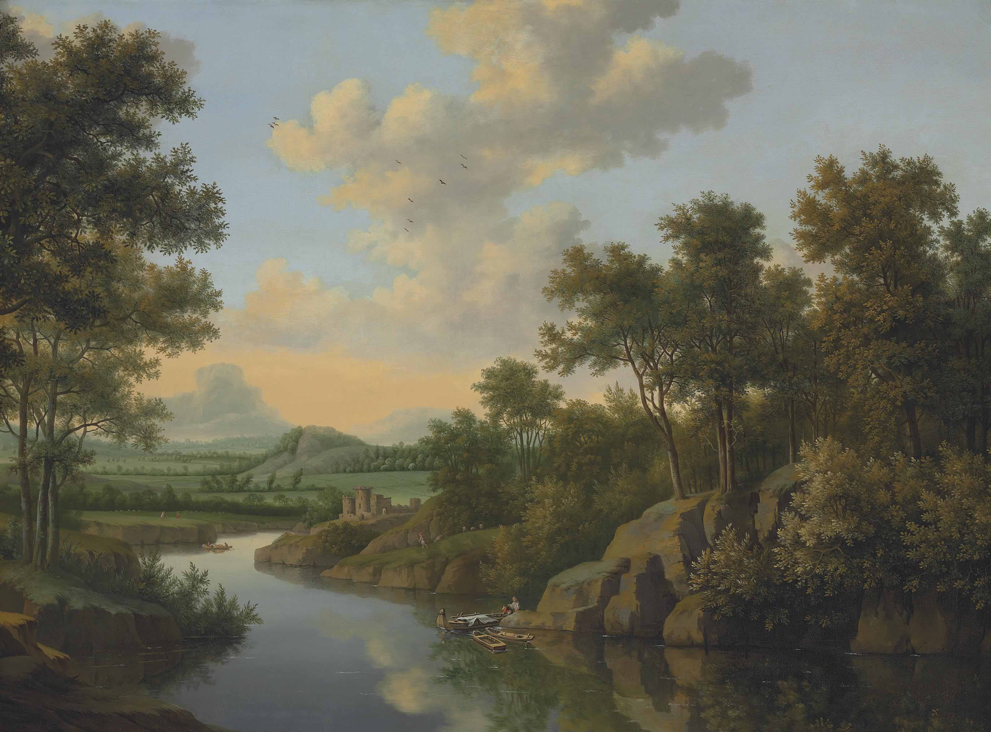 Scottish School, circa 1800 , A wooded river landscape with figures on ...