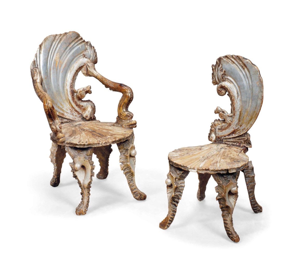 TWO VENETIAN SILVERED AND CARVED GROTTO CHAIRS OF ROCOCO STYLE, LATE ...