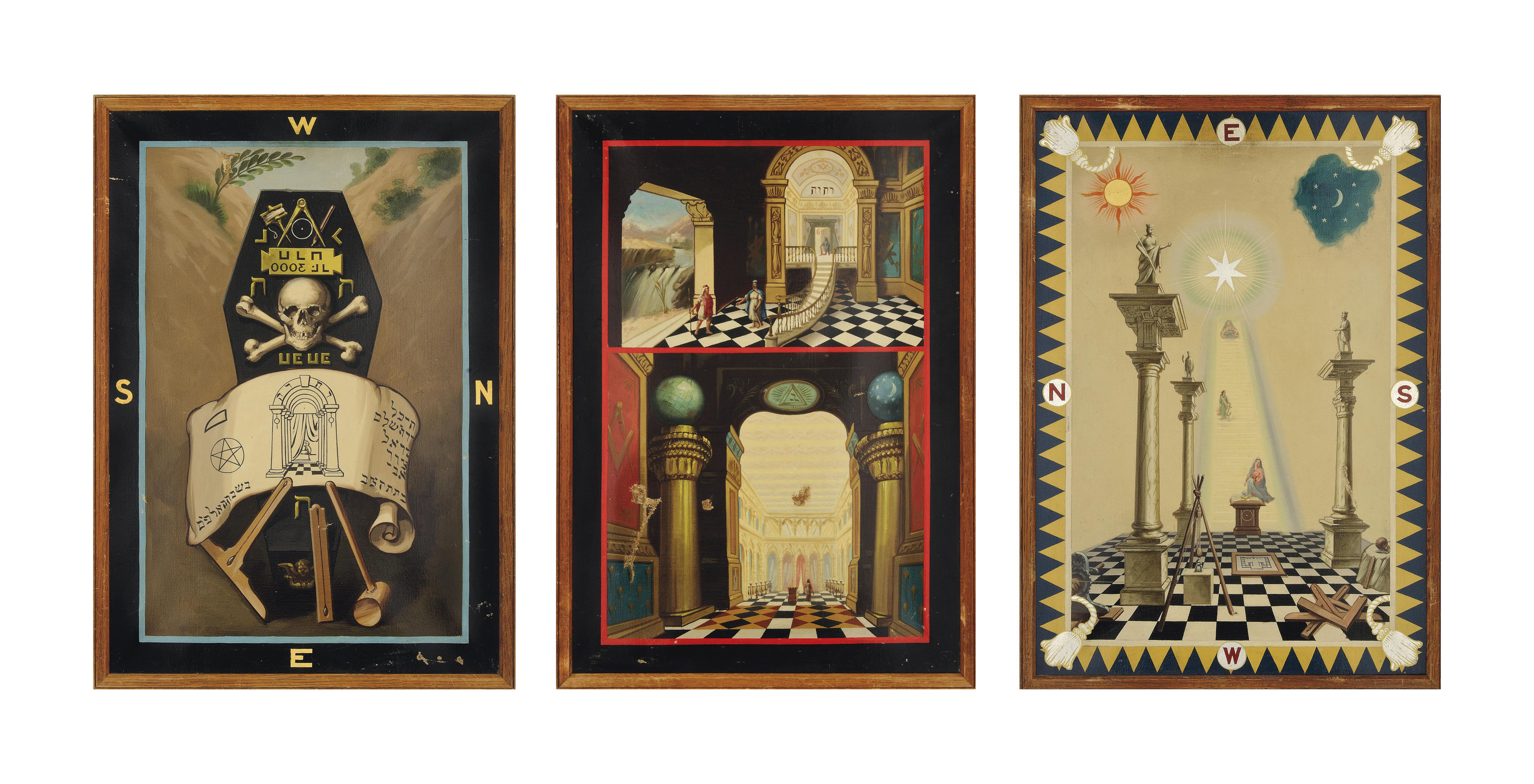 A SET OF THREE PAINTED MASONIC TRACING BOARDS , LATE 19TH CENTURY ...