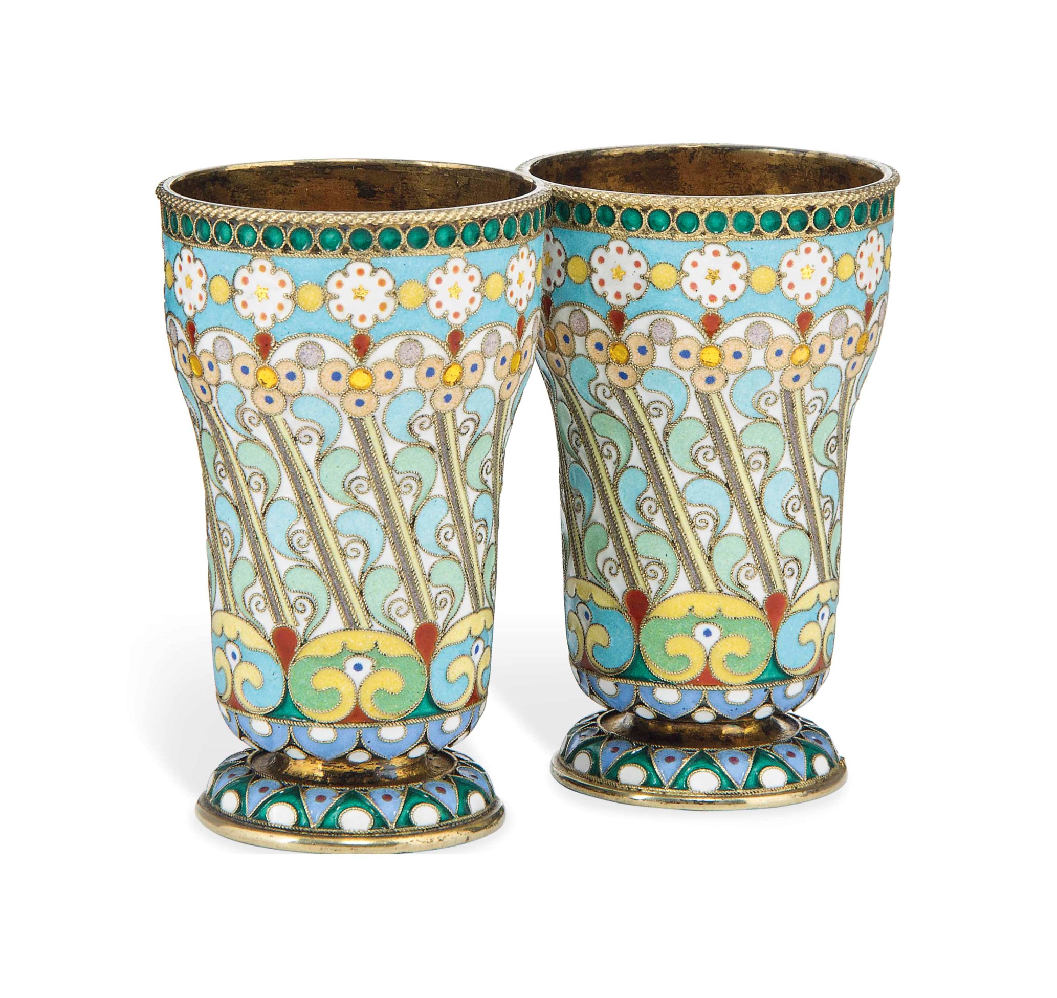 A PAIR OF RUSSIAN SILVER-GILT AND CLOISONNÉ ENAMEL BEAKERS