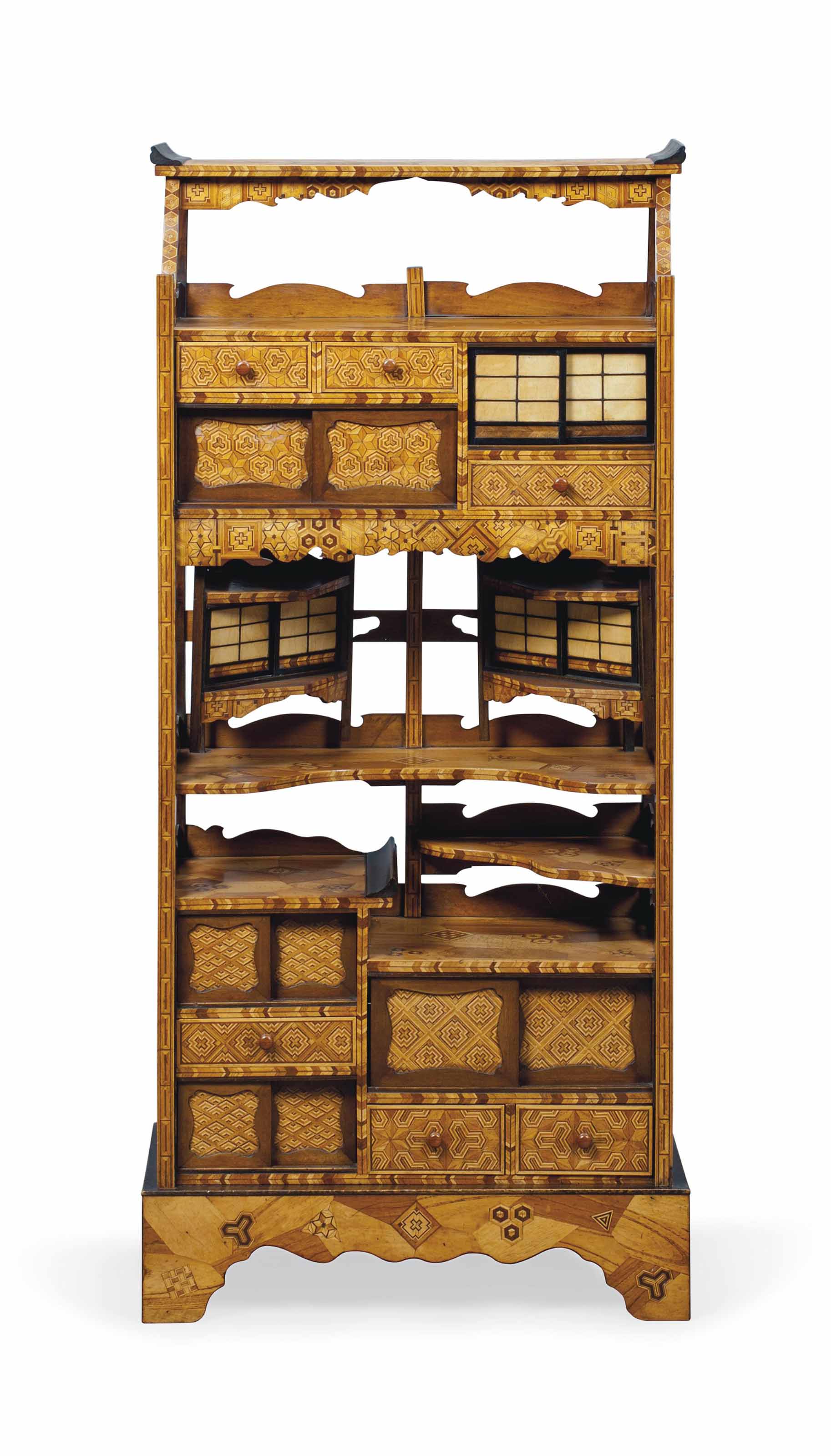 A JAPANESE SPECIMEN WOOD PARQUETRY DISPLAY CABINET