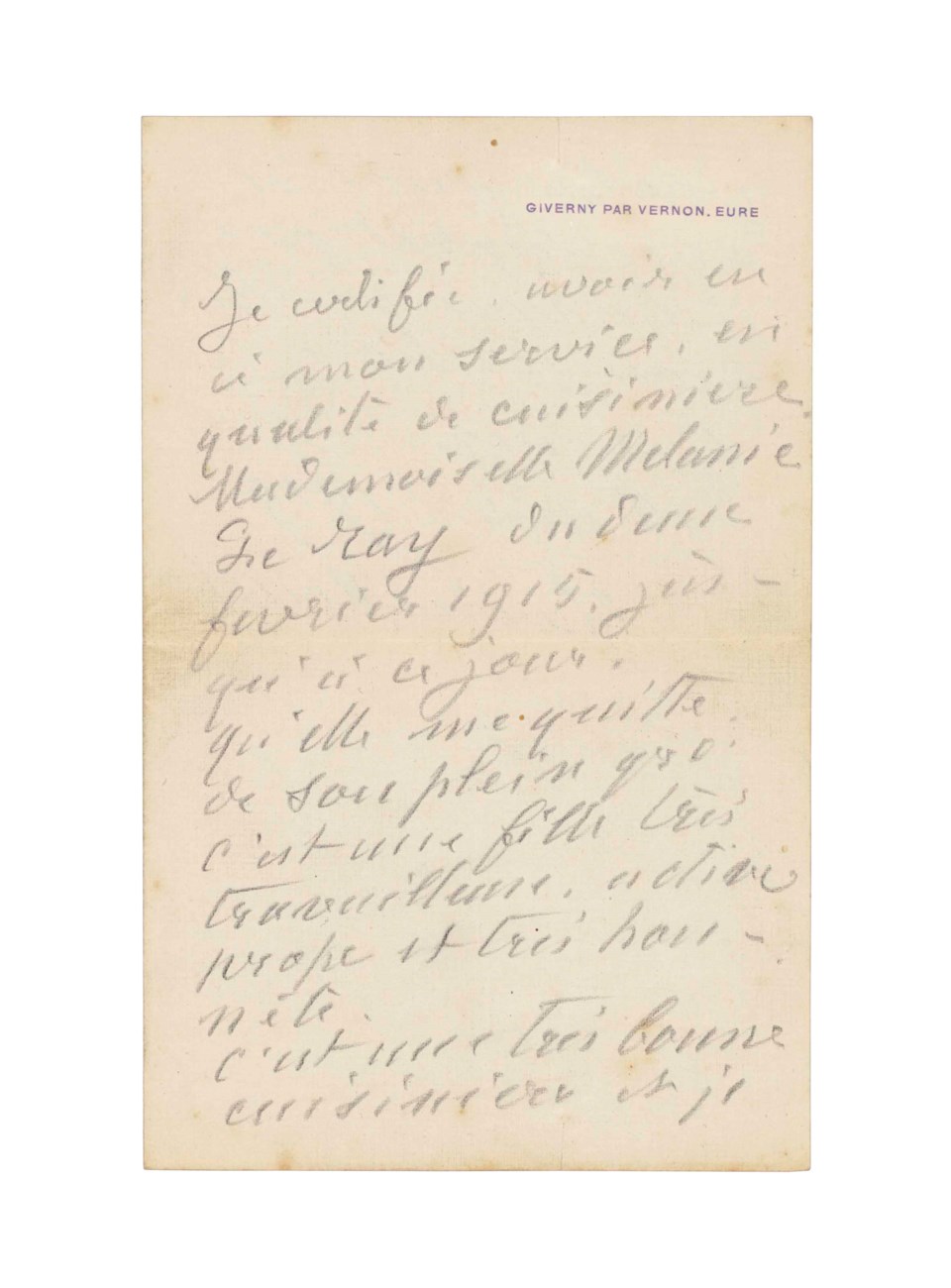 MONET, Claude. Autograph letter signed (‘Claude Monet’), Giverny, 15 ...