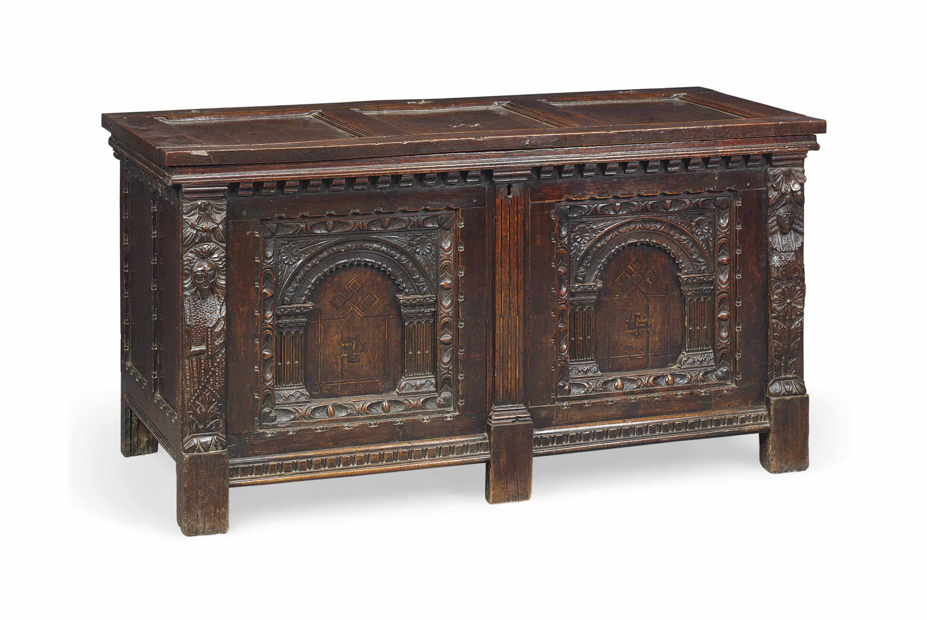 A JAMES I OAK AND INLAID ARCHITECTURAL PANELLED CHEST