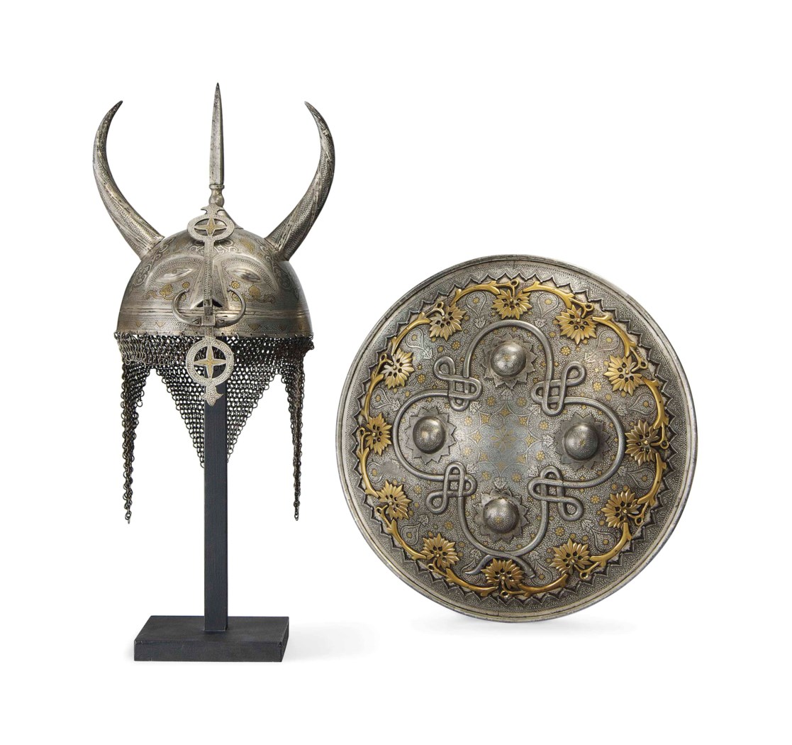 A KULAH-KHUD AND DHAL WITH SILVER- AND GOLD-DAMASCENED ORNAMENT