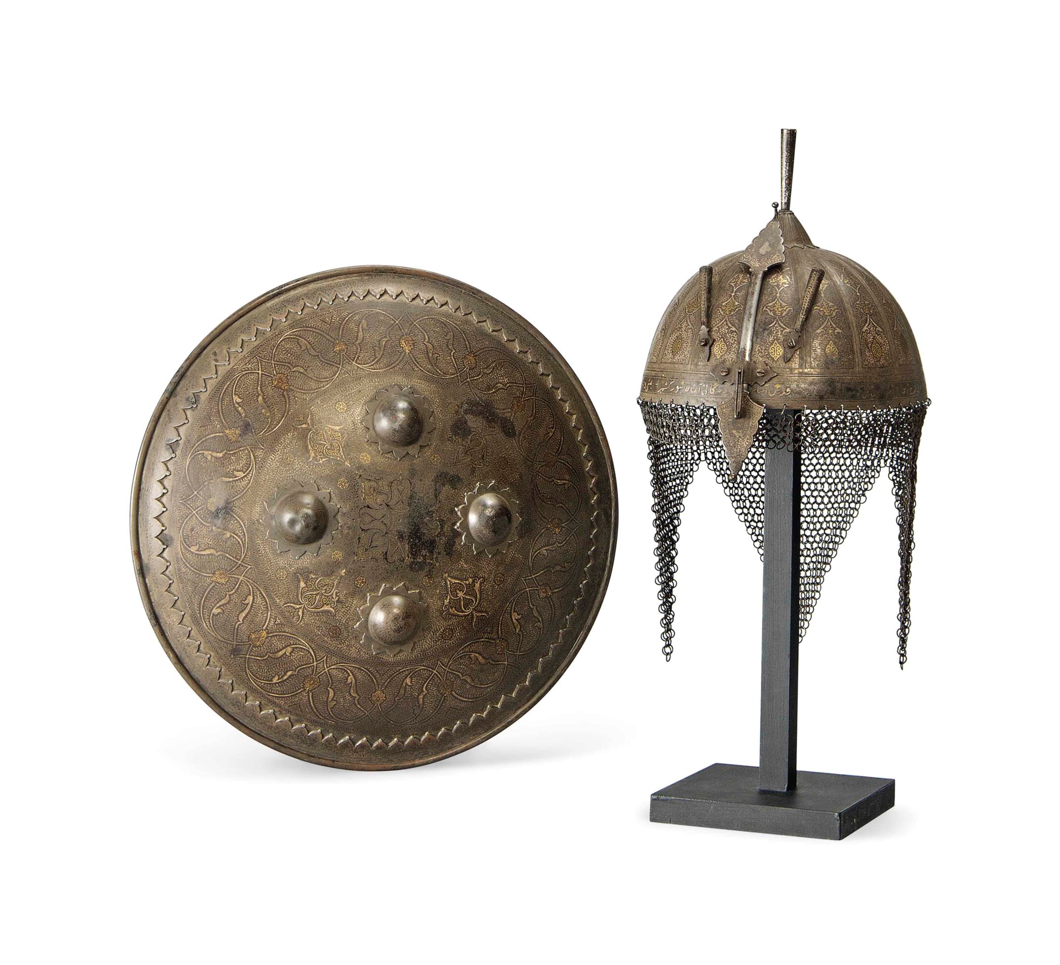 A KULAH-KHUD AND DHAL WITH GOLD- AND SILVER-DAMASCENED ORNAMENT, INDIAN ...