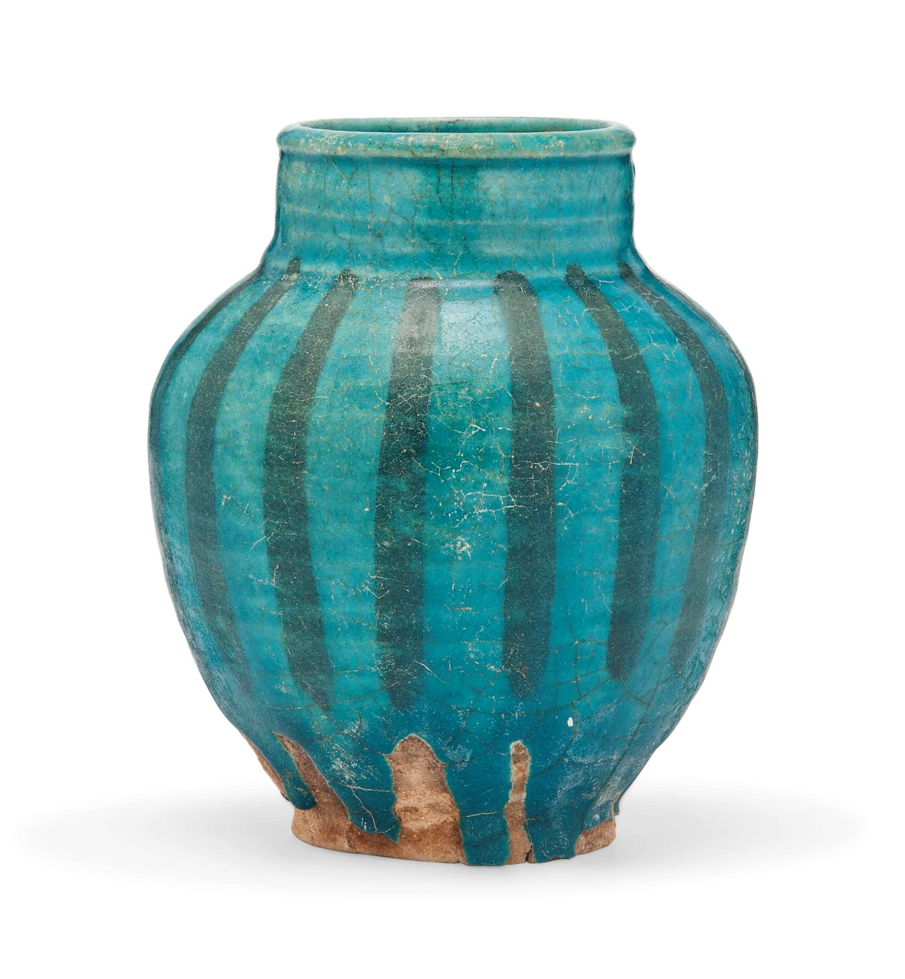 AN INTACT KASHAN TURQUOISE-BLUE GLAZED POTTERY JUG, CENTRAL IRAN, 12TH ...