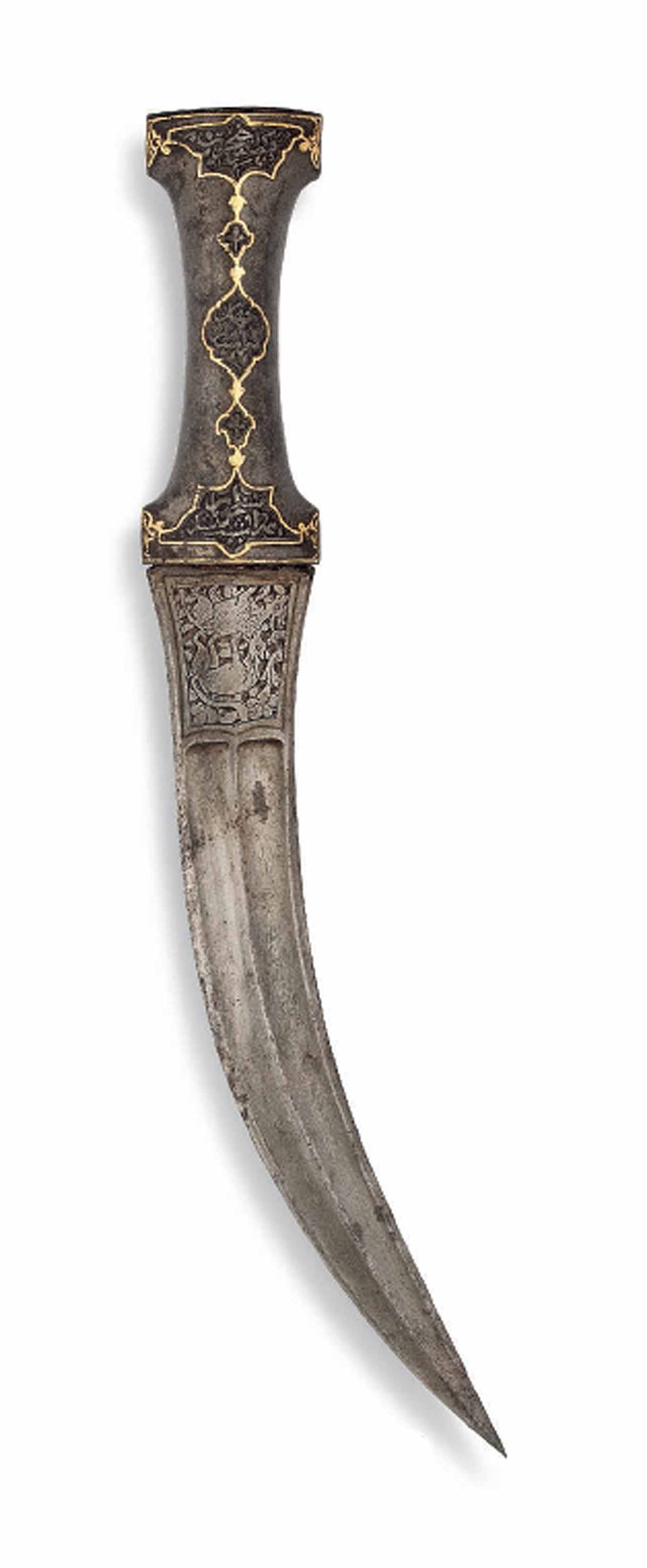 A GOLD-DAMASCENED WATERED-STEEL DAGGER (KHANJAR)