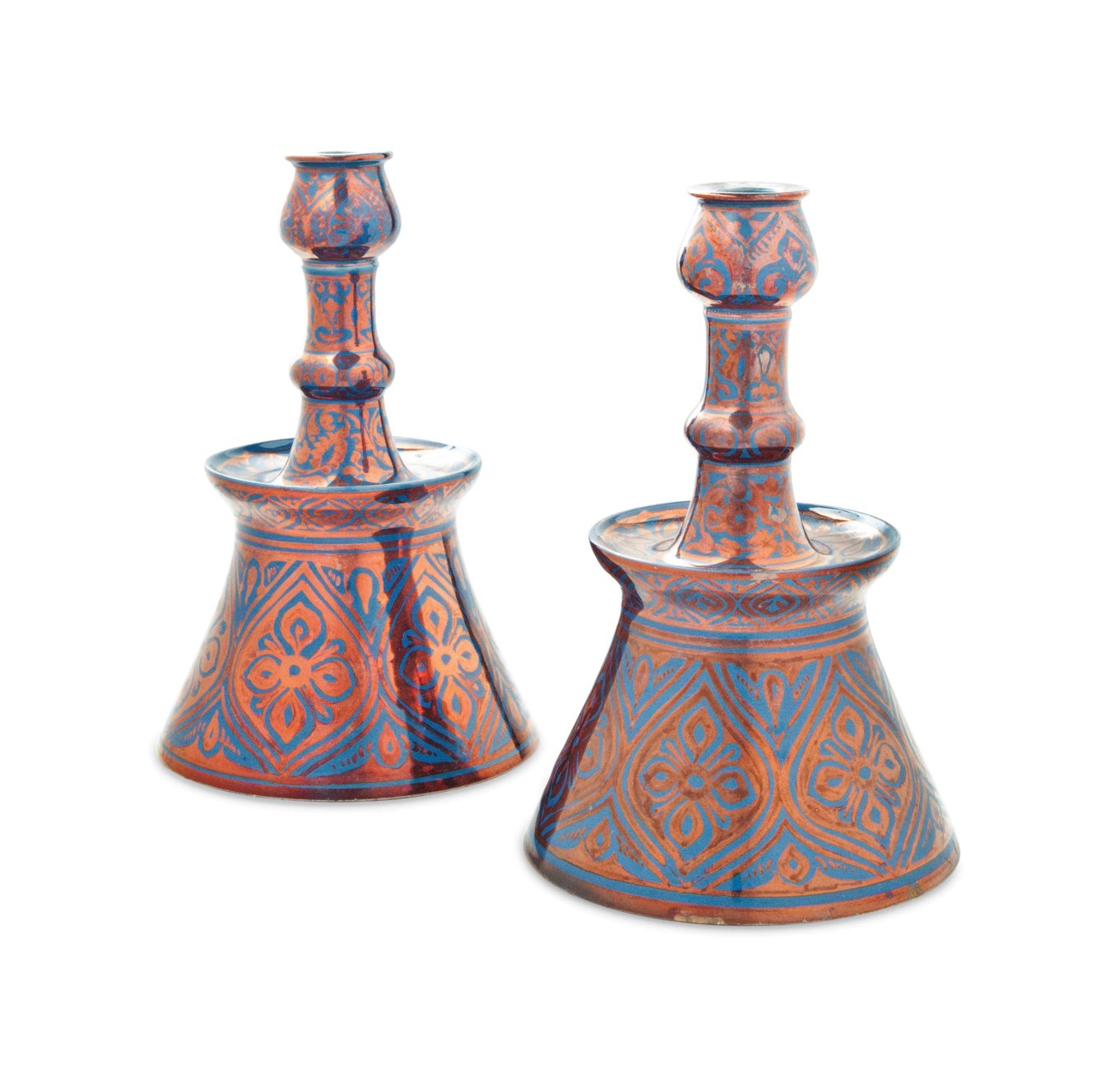 A PAIR OF LUSTRE POTTERY CANDLESTICKS