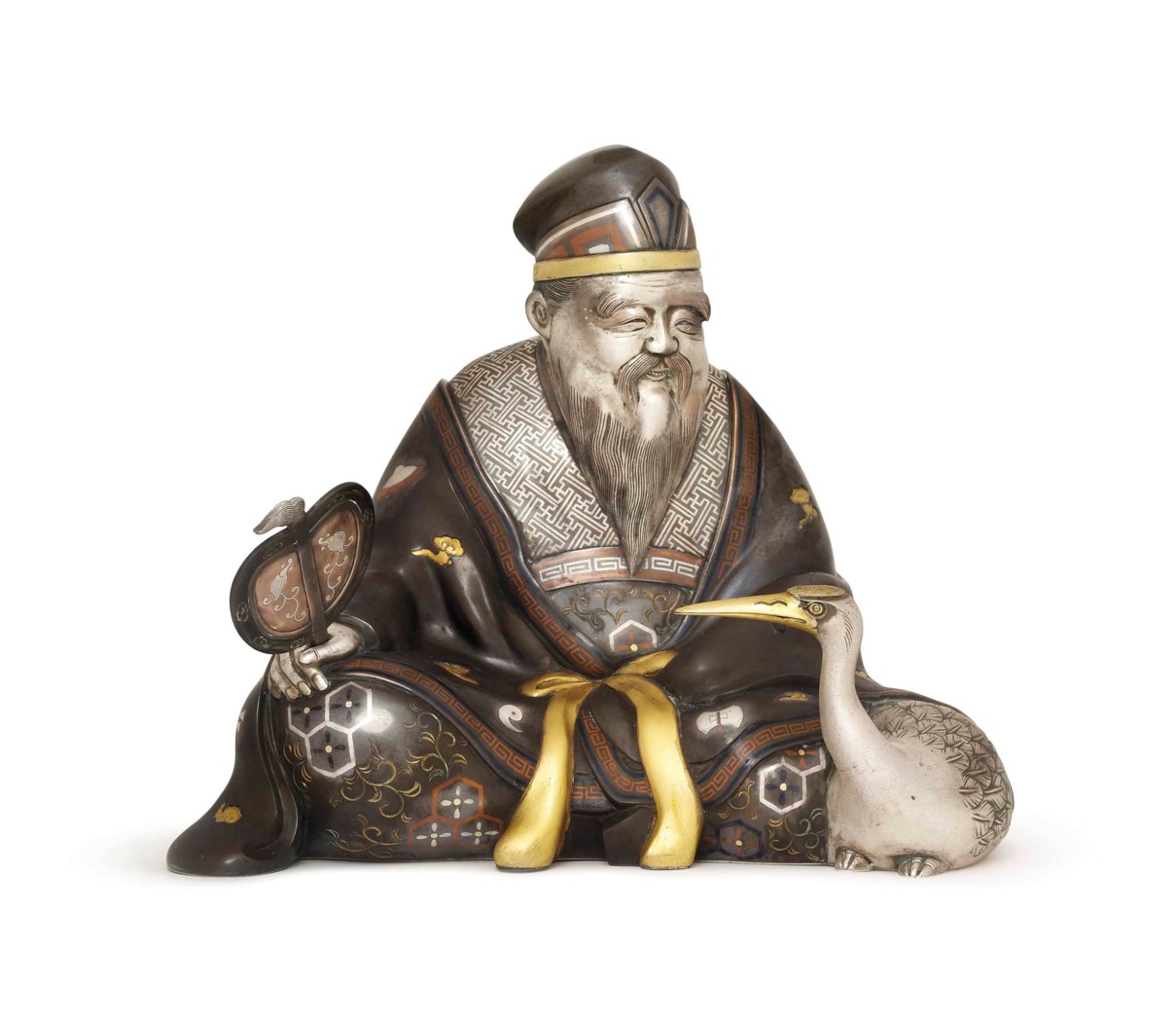 A Mixed-Metal Okimono of Jurojin, SIGNED CHIKUEIDO ZO AND SEALED EISHIN ...