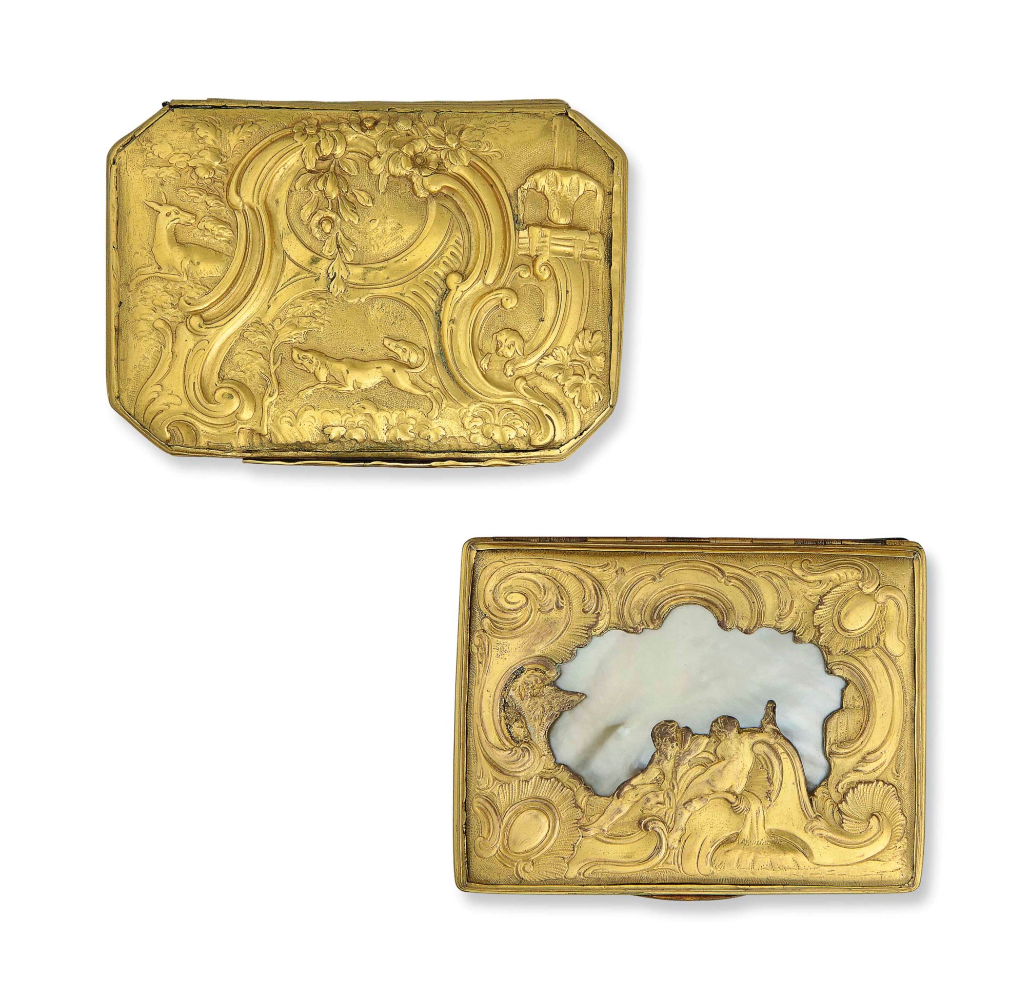 A ROCOCO GILT-COPPER AND MOTHER-OF-PEARL DOUBLE-LIDDED SNUFF BOX