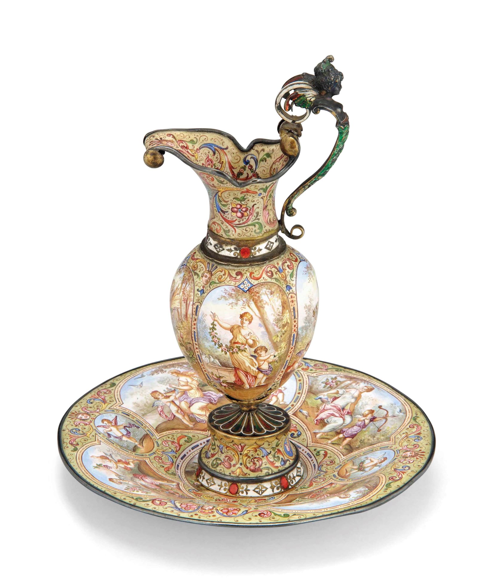 AN AUSTRIAN SILVER AND ENAMEL EWER ON STAND, VIENNA, CIRCA 1870 ...