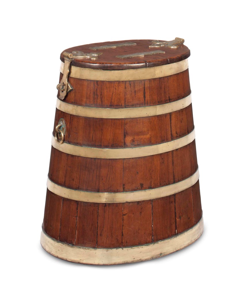 A VICTORIAN NAVAL STAVED OAK AND BRASS BANDED RUM BARREL, SECOND HALF ...